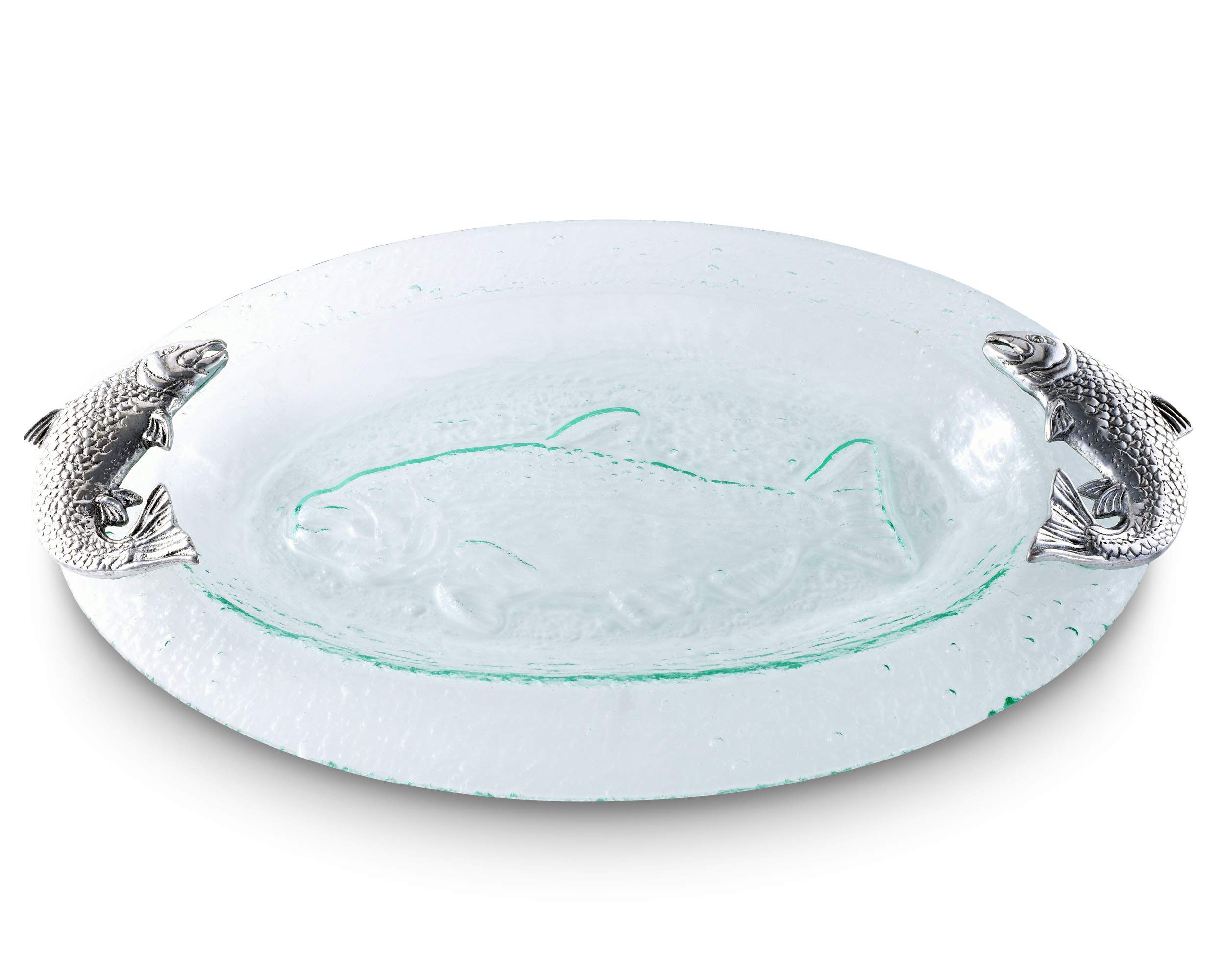 Arthur Court Designs Aluminum Salmon Fish Bagel Lox Glass Platter 20 inch x 11.5 inch