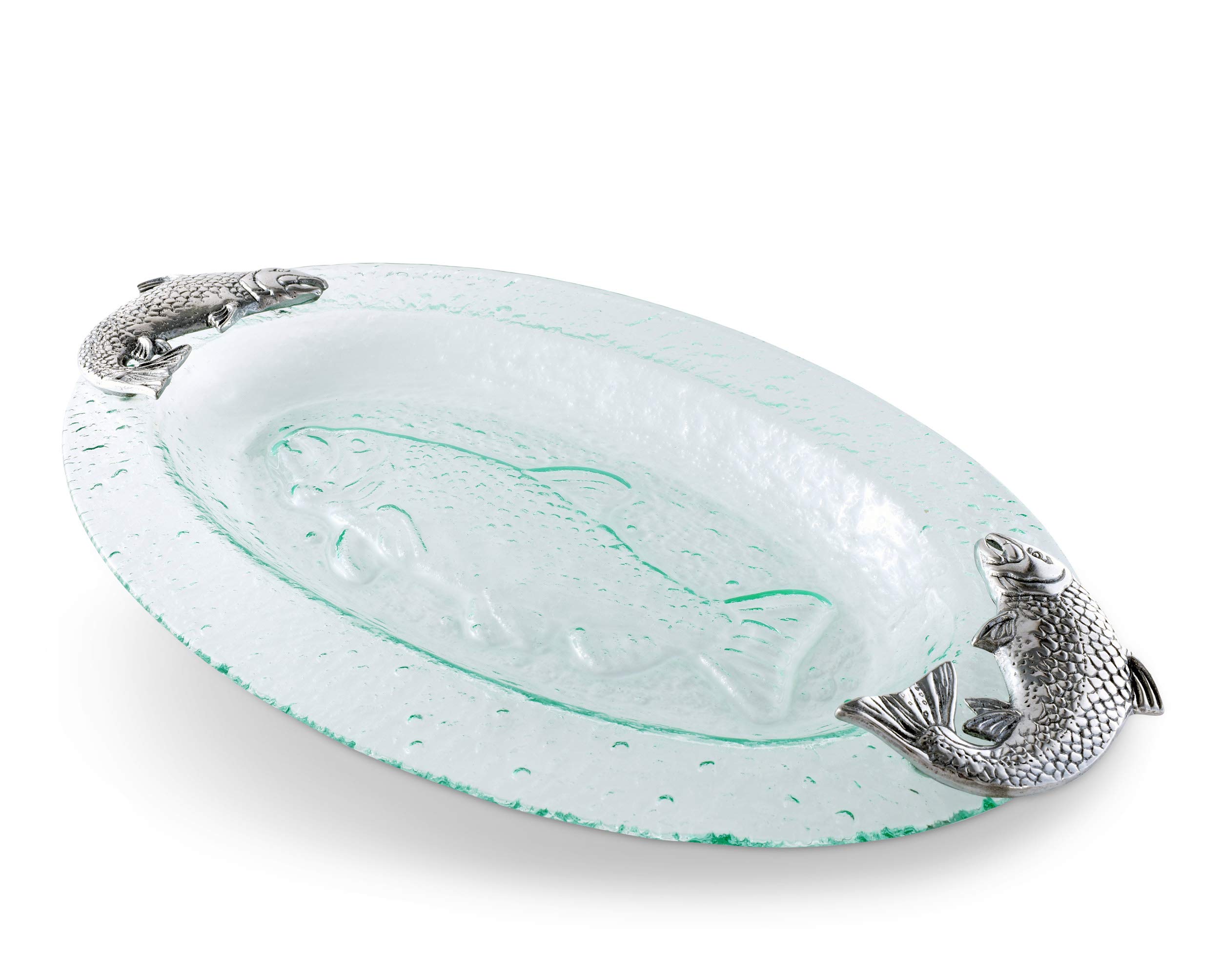 Arthur Court Designs Aluminum Salmon Fish Bagel Lox Glass Platter 20 inch x 11.5 inch