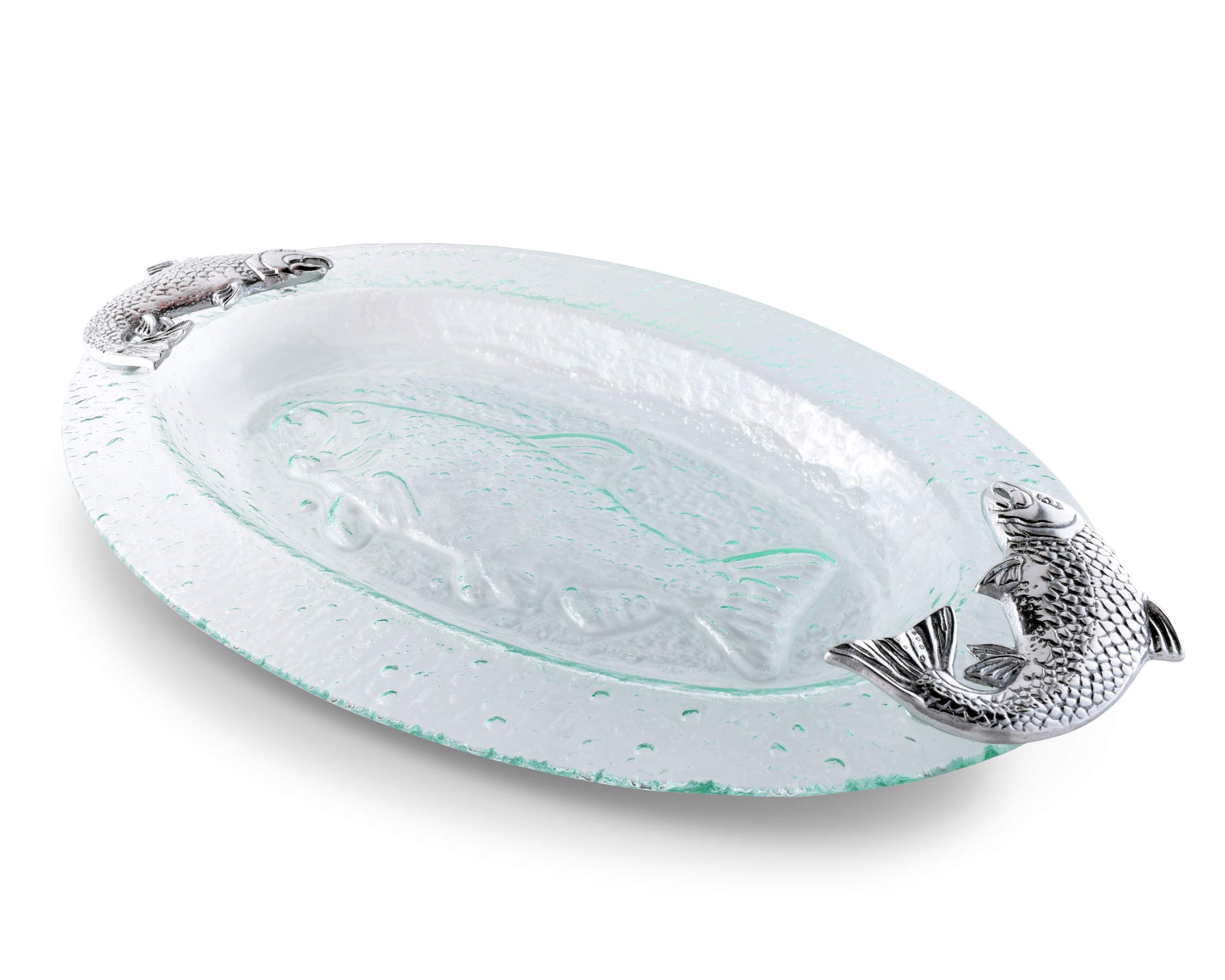 Arthur Court Designs Aluminum Salmon Fish Bagel Lox Glass Platter 20 inch x 11.5 inch