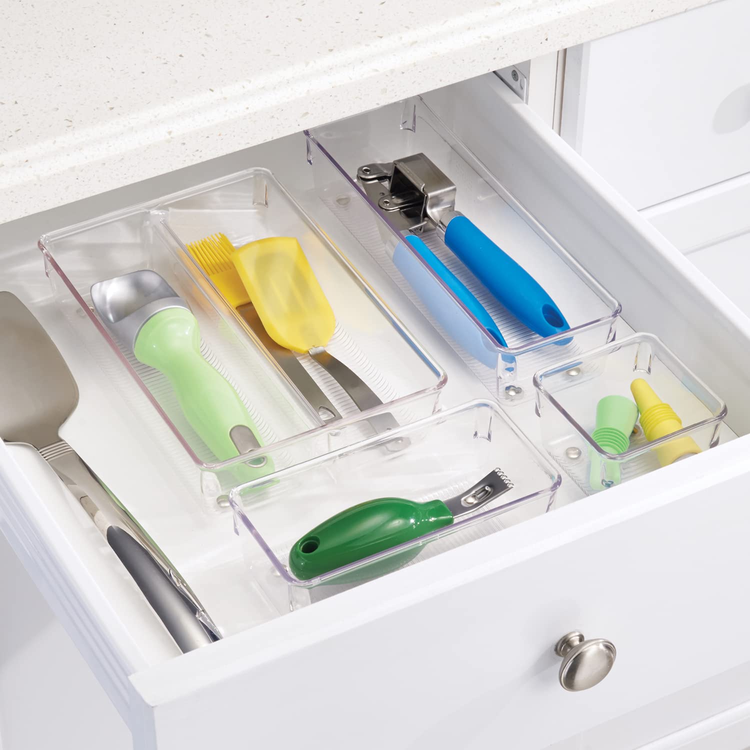 iDesign Linus BPA-Free Plastic Stackable Divided Drawer Organizer Tray - 6" x 9" x 2.25", Clear