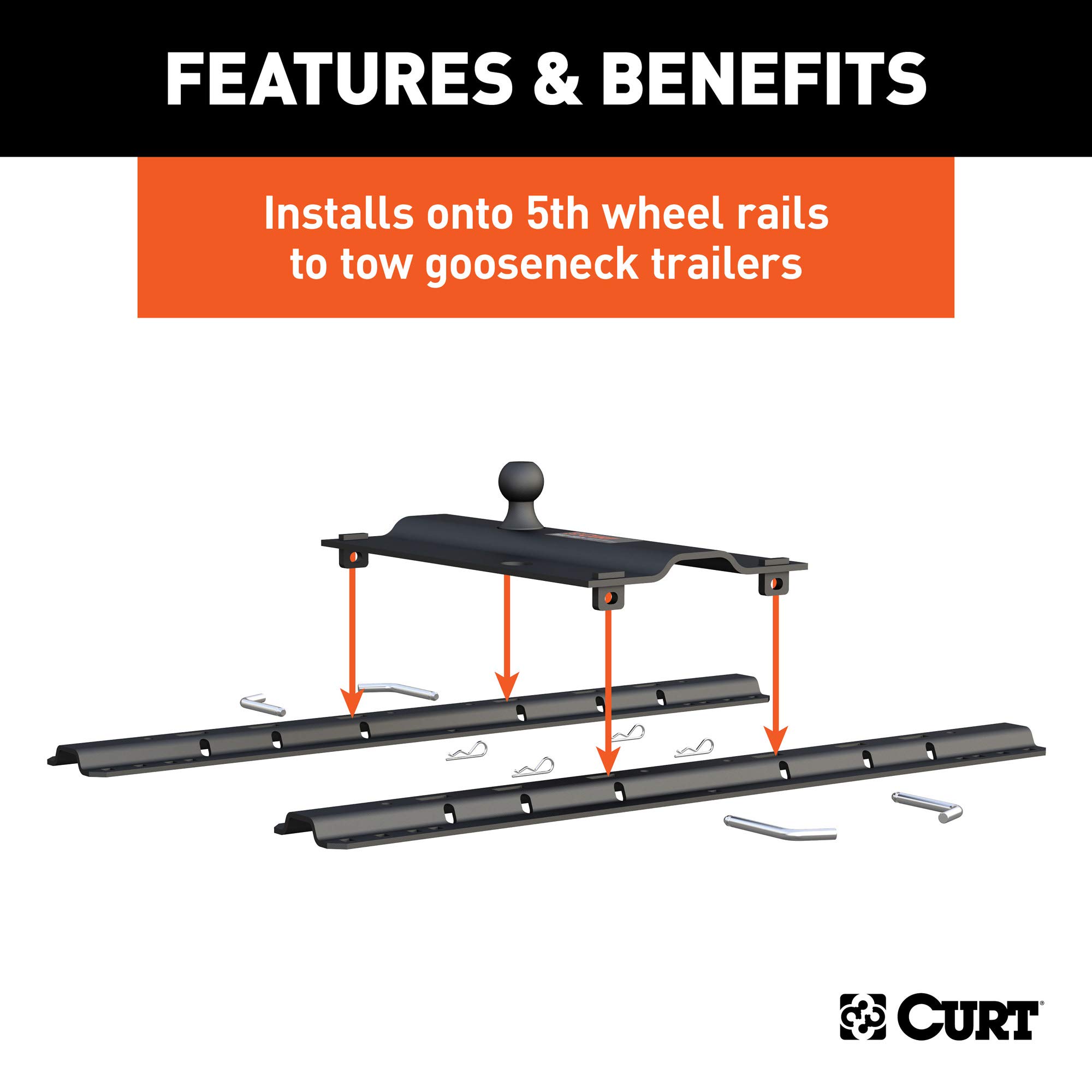 CURT 16055 Bent Plate 5th Wheel to Gooseneck Adapter Hitch, Fits Industry-Standard Rails, 25,000 lbs, 2-5/16-Inch Ball