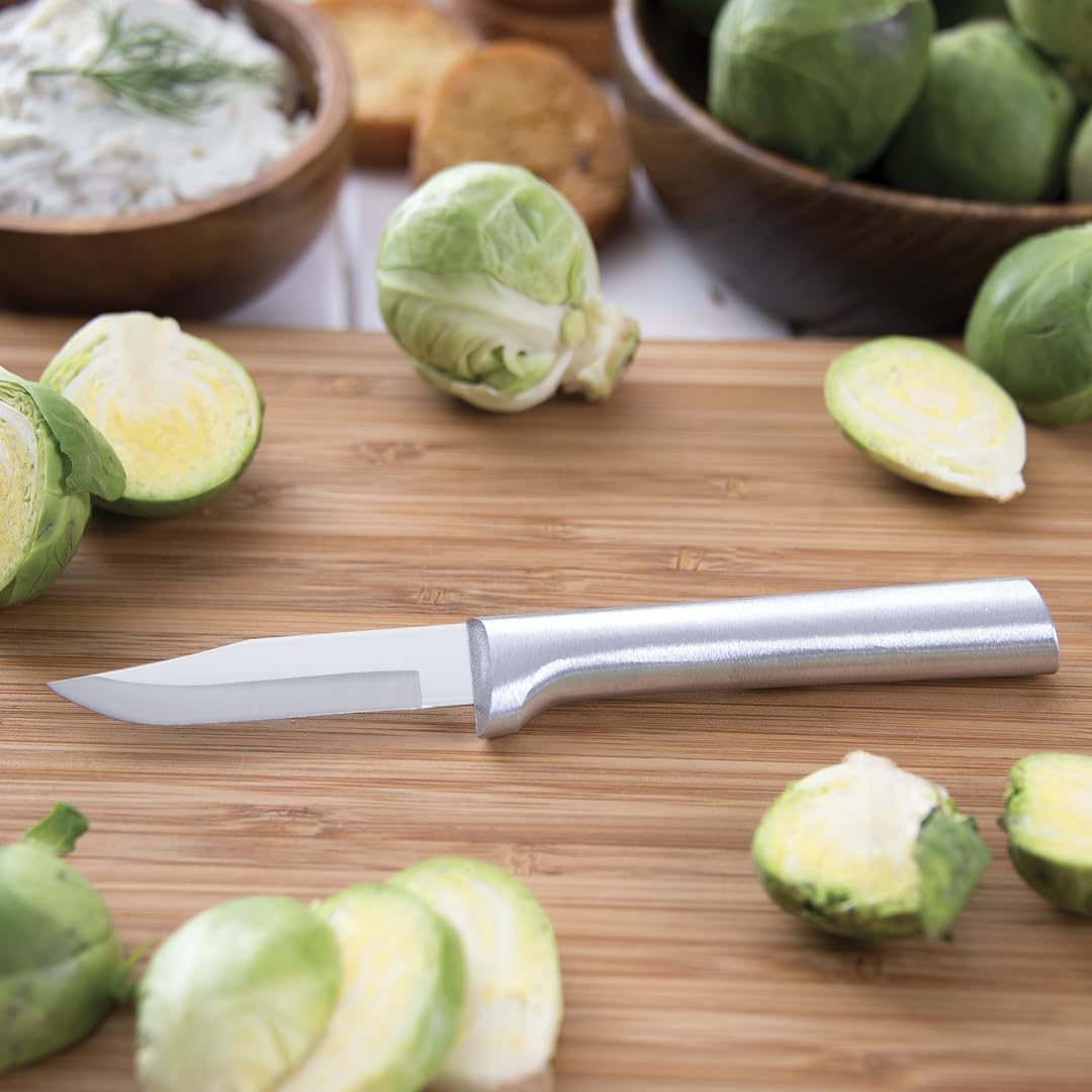 Rada Cutlery Small Peeling Paring Knife Stainless Steel Blade With Brushed Aluminum Made in the USA, 6-1/8 Inches, Silver Handle