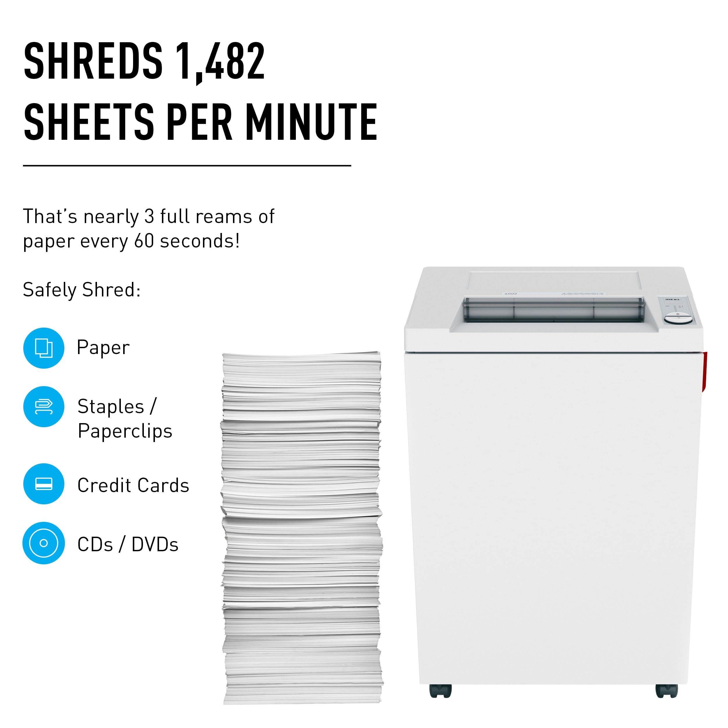 ideal. 4002 Strip Cut Centralized Office Paper Shredder, Continuous Operation, Shreds 32-35 Sheet Capacity, 44 Gallon Bin, Shred Staples/Paper Clips/Credit Cards/CDs/DVDs, 1 3/4 HP Motor, P-2 Security