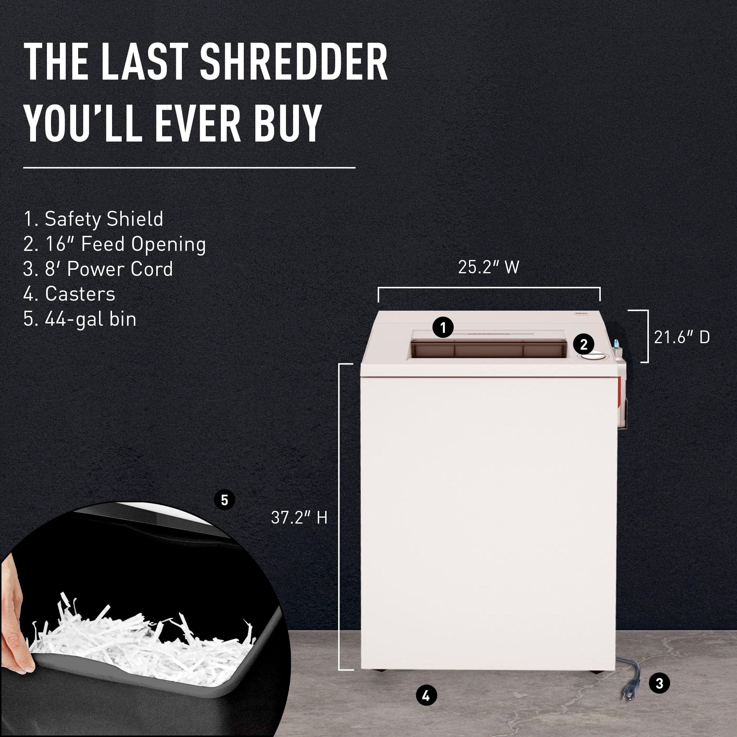 ideal. 4002 Strip Cut Centralized Office Paper Shredder, Continuous Operation, Shreds 32-35 Sheet Capacity, 44 Gallon Bin, Shred Staples/Paper Clips/Credit Cards/CDs/DVDs, 1 3/4 HP Motor, P-2 Security