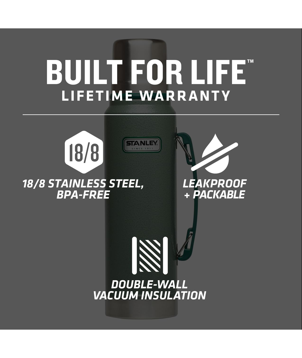 Stanley Classic Vacuum Insulated Wide Mouth Bottle - BPA-Free 18/8 Stainless Steel Thermos for Cold & Hot Beverages – Keeps Liquid Hot or Cold for Up to 24 Hours