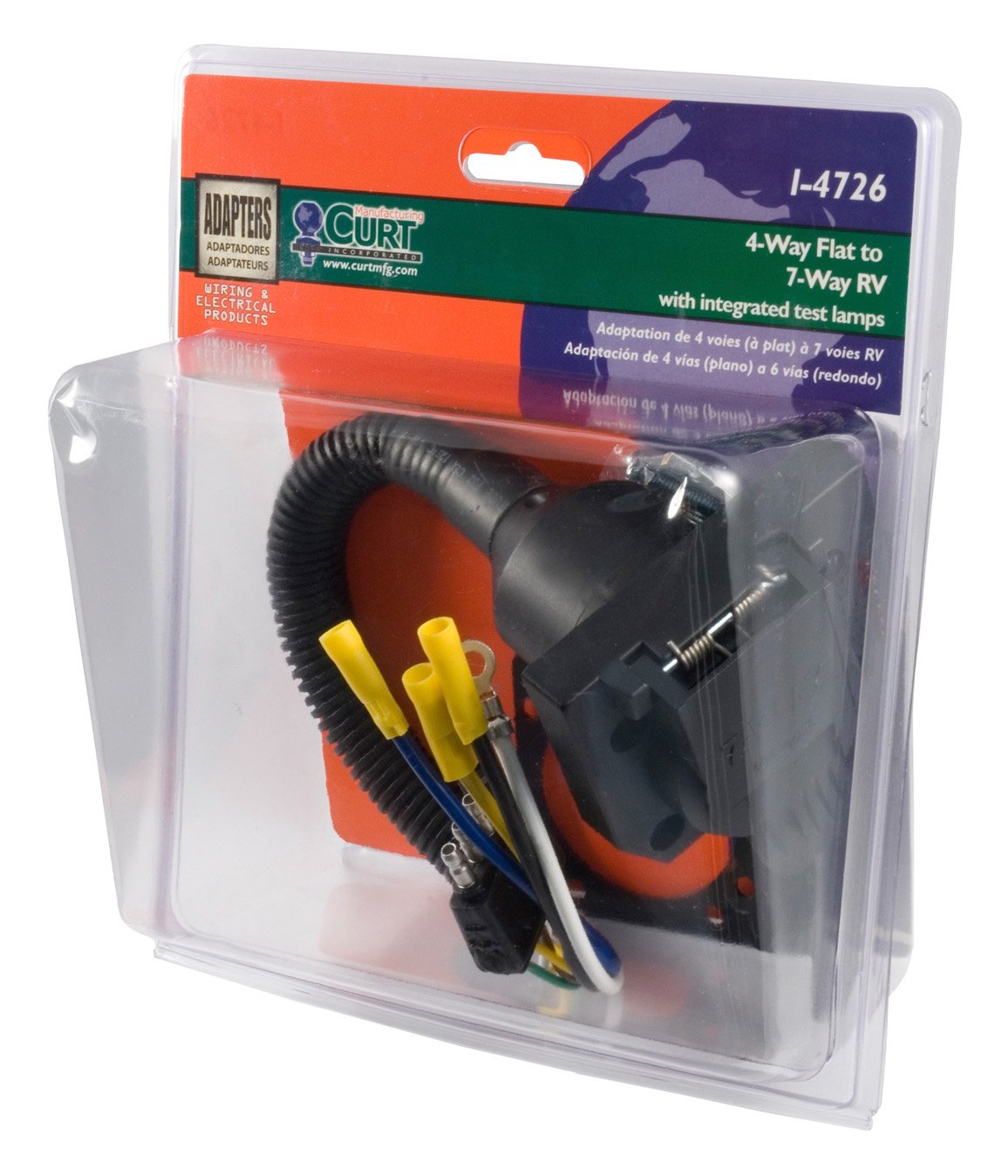 CURT 57676 4-Way Flat Vehicle-Side to 7-Way RV Blade Trailer Wiring Adapter with Tester