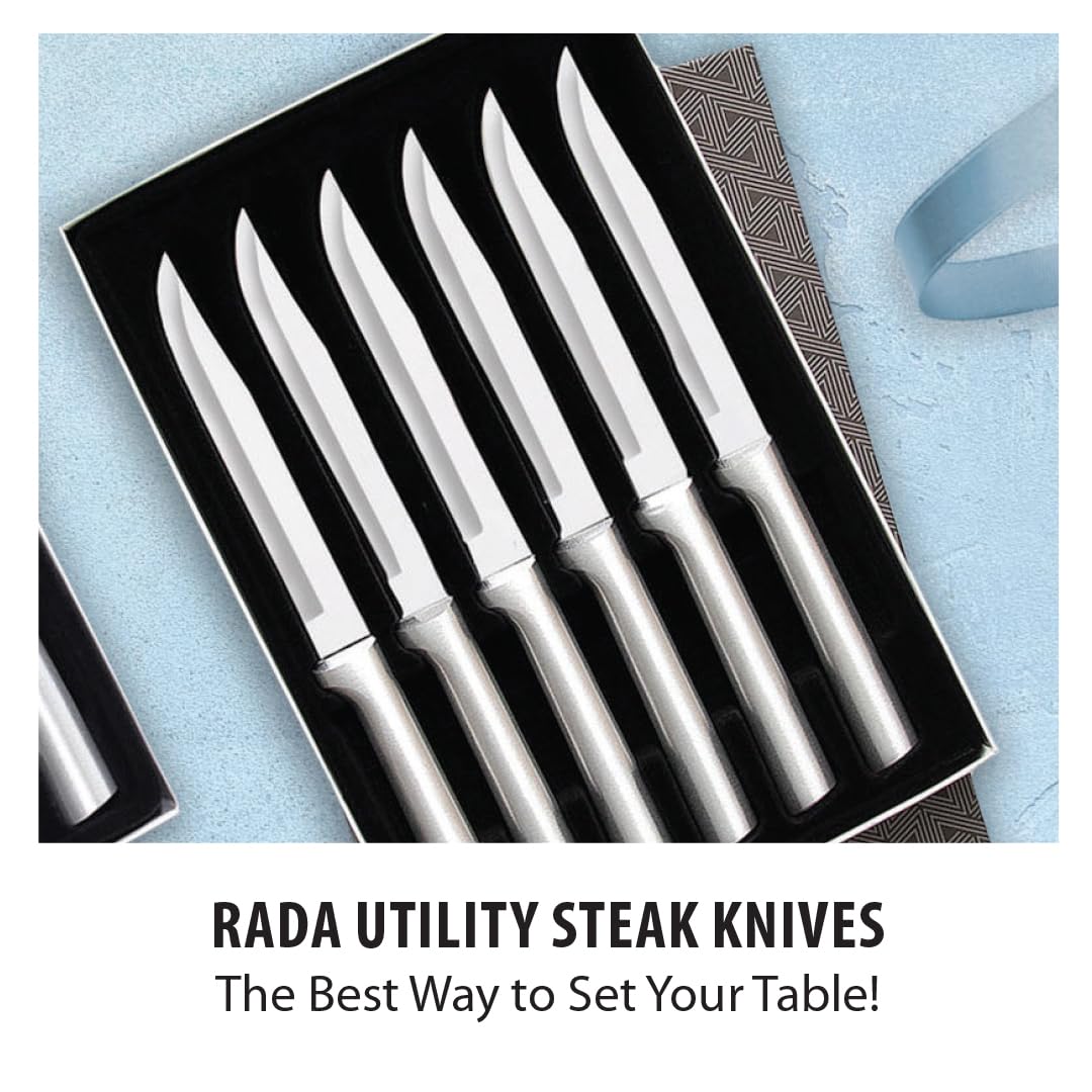 Rada Cutlery Utility Steak Knives Gift Set Stainless Steel Blades with Aluminum, Set of 6, 8-1/2 Inches, Silver Handle