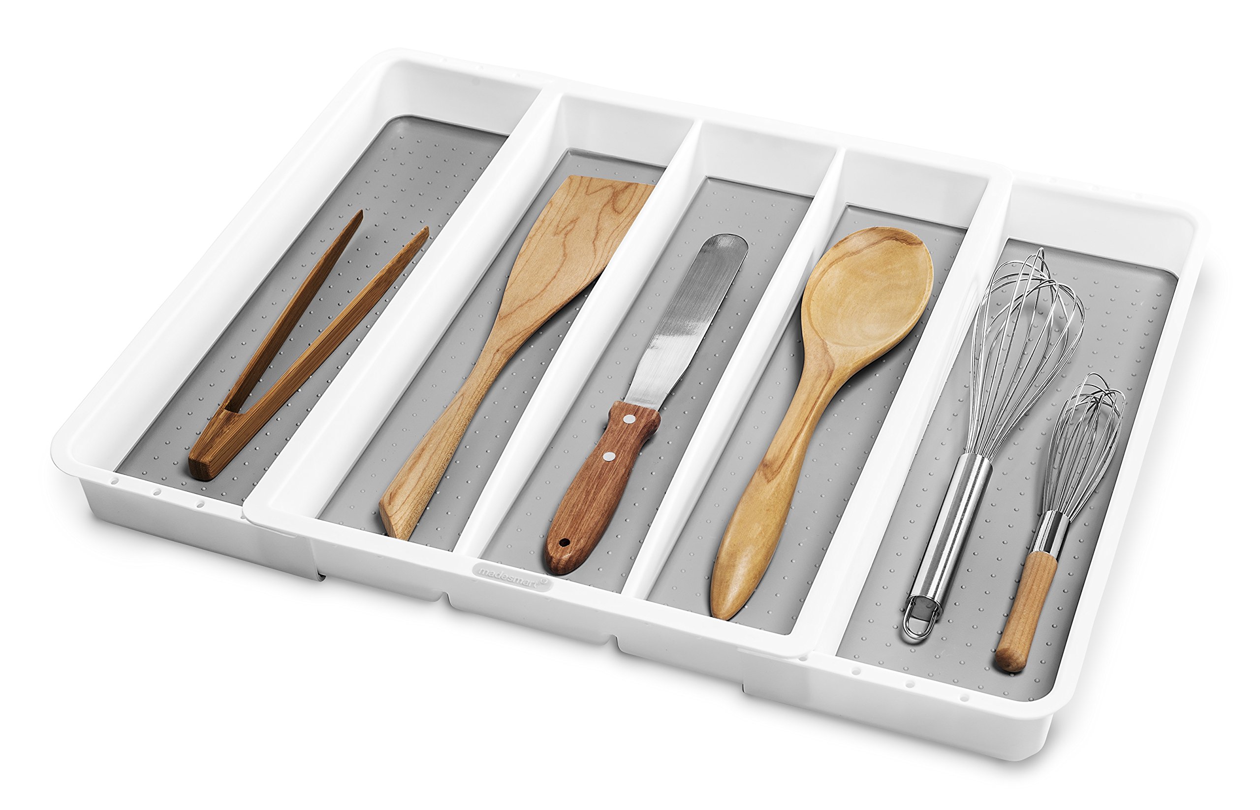 madesmart Expandable Utensil Tray-White | Classic Collection | 5-Compartments | Kitchen Organizer | Soft-Grip Lining and Non-Slip Rubber Feet | Easy to Clean | BPA-Free