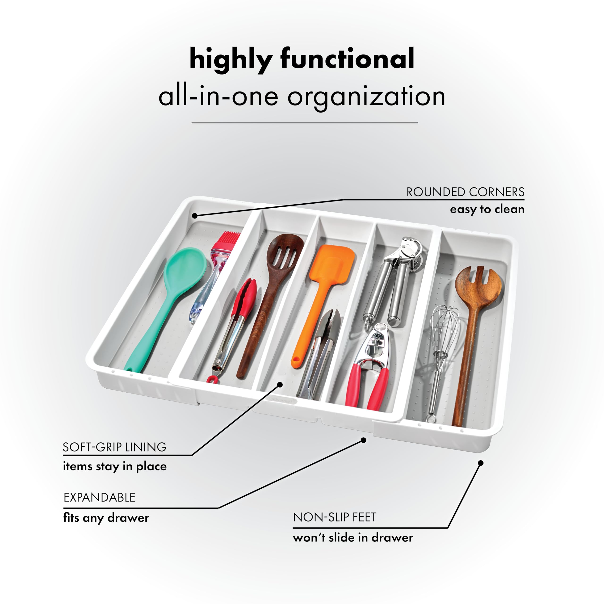 madesmart Expandable Utensil Tray-White | Classic Collection | 5-Compartments | Kitchen Organizer | Soft-Grip Lining and Non-Slip Rubber Feet | Easy to Clean | BPA-Free