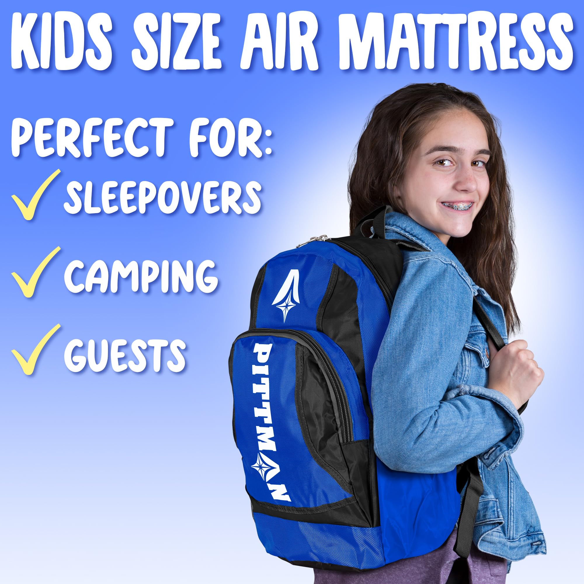 Pittman Outdoors Twin Kid's Air Mattress with Portable Battery Powered Air Pump with Fun Travel Backpack, Blue (PPI-BLU_KIDMAT)