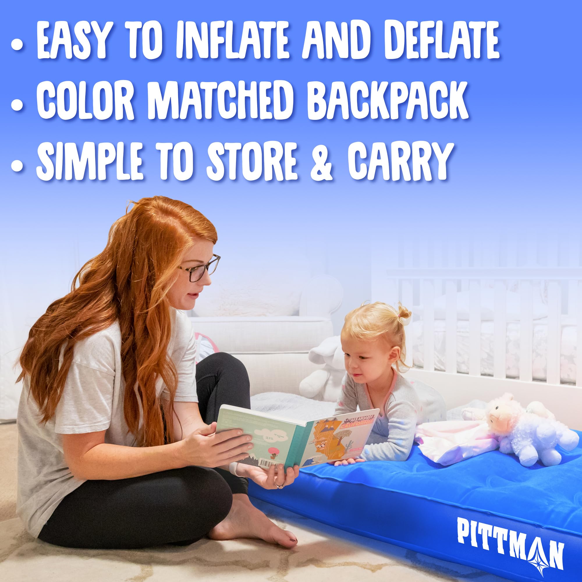 Pittman Outdoors Twin Kid's Air Mattress with Portable Battery Powered Air Pump with Fun Travel Backpack, Blue (PPI-BLU_KIDMAT)