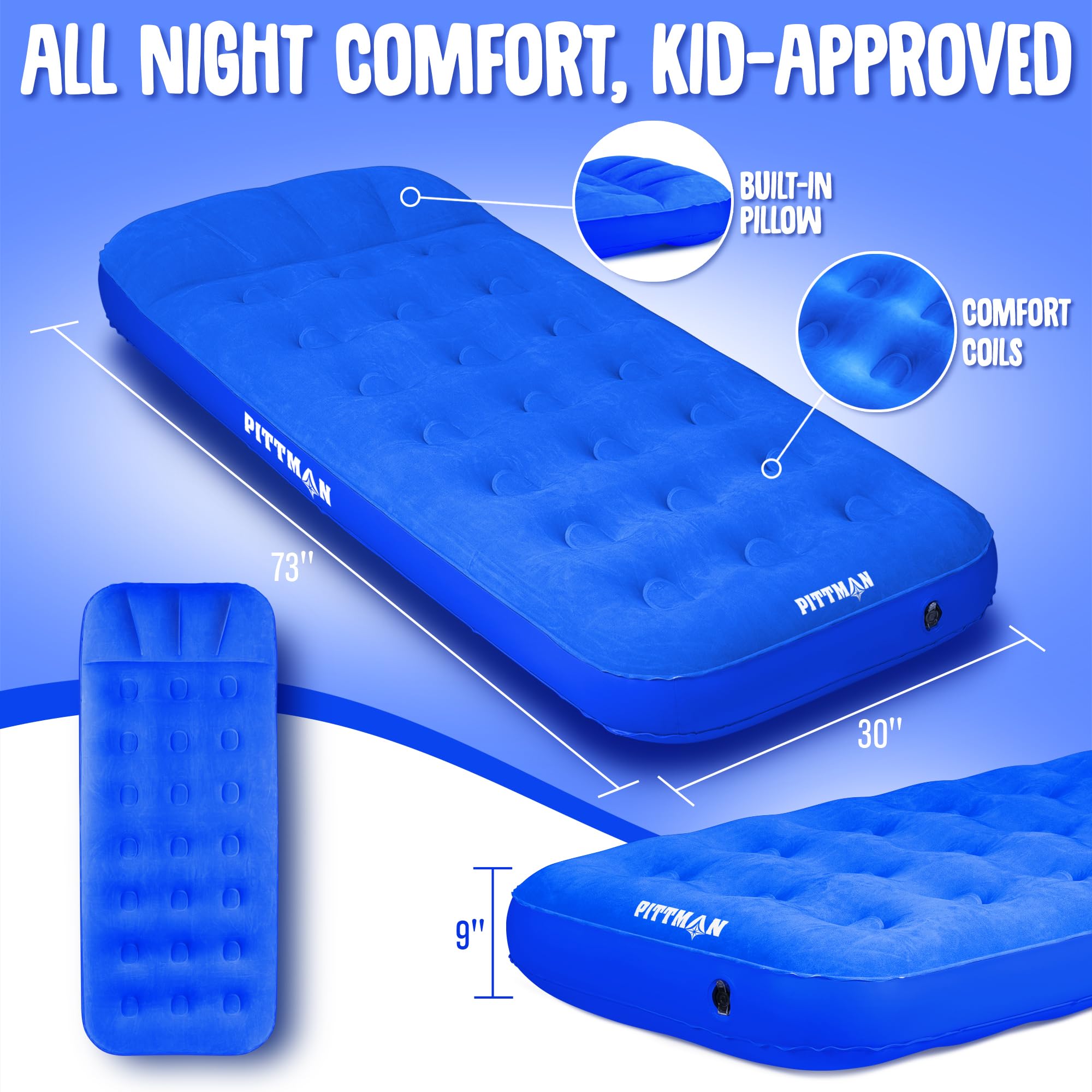 Pittman Outdoors Twin Kid's Air Mattress with Portable Battery Powered Air Pump with Fun Travel Backpack, Blue (PPI-BLU_KIDMAT)