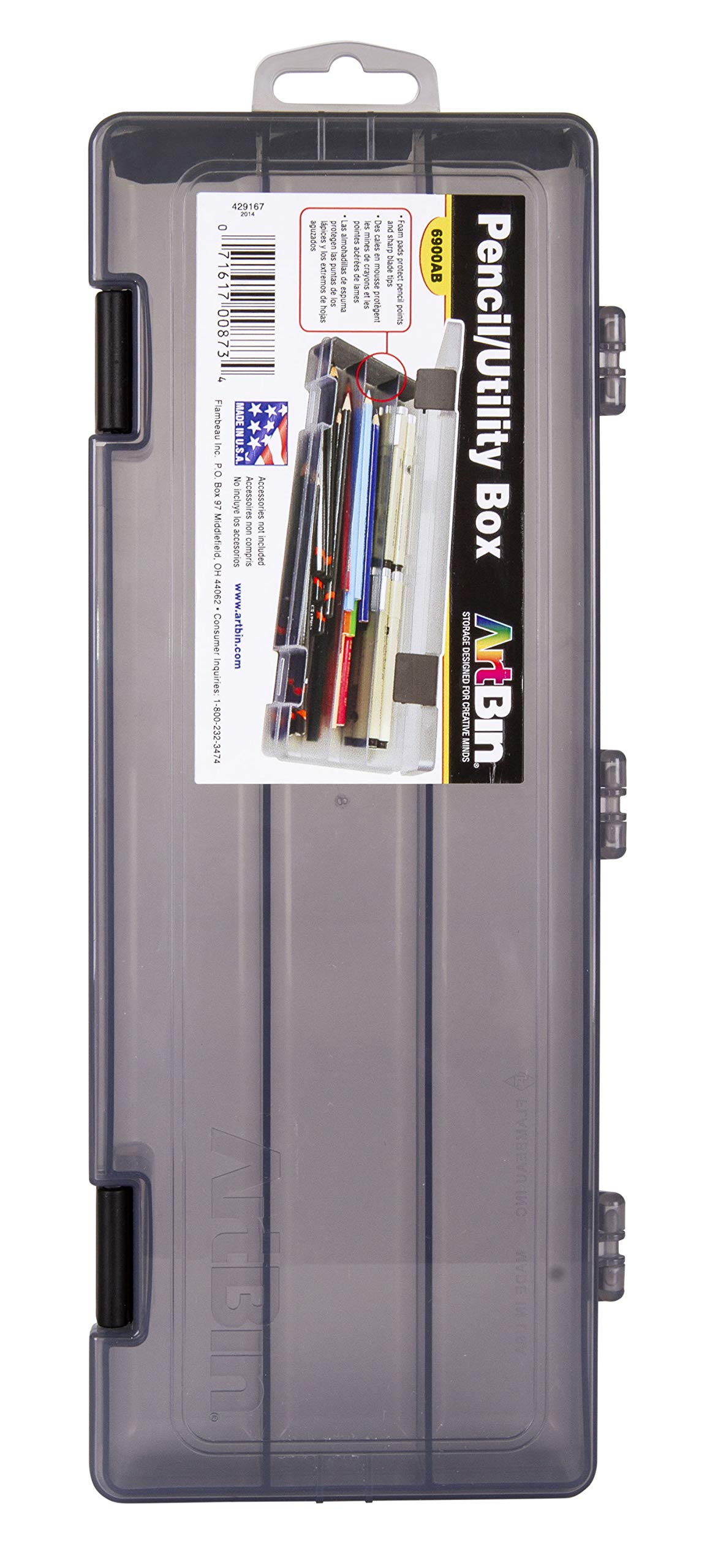 ArtBin 6900AB Pencil Utility Box, Art & Craft Organizer, [1] Divided Storage Box for Pens, Pencils, Markers, Paint Brushes, etc., Translucent Charcoal