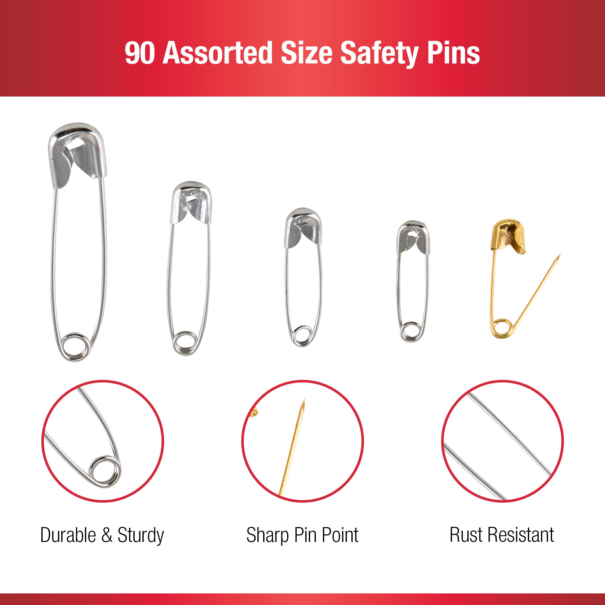 SINGER 00221 Assorted Safety Pins, Multisize, 90-Count