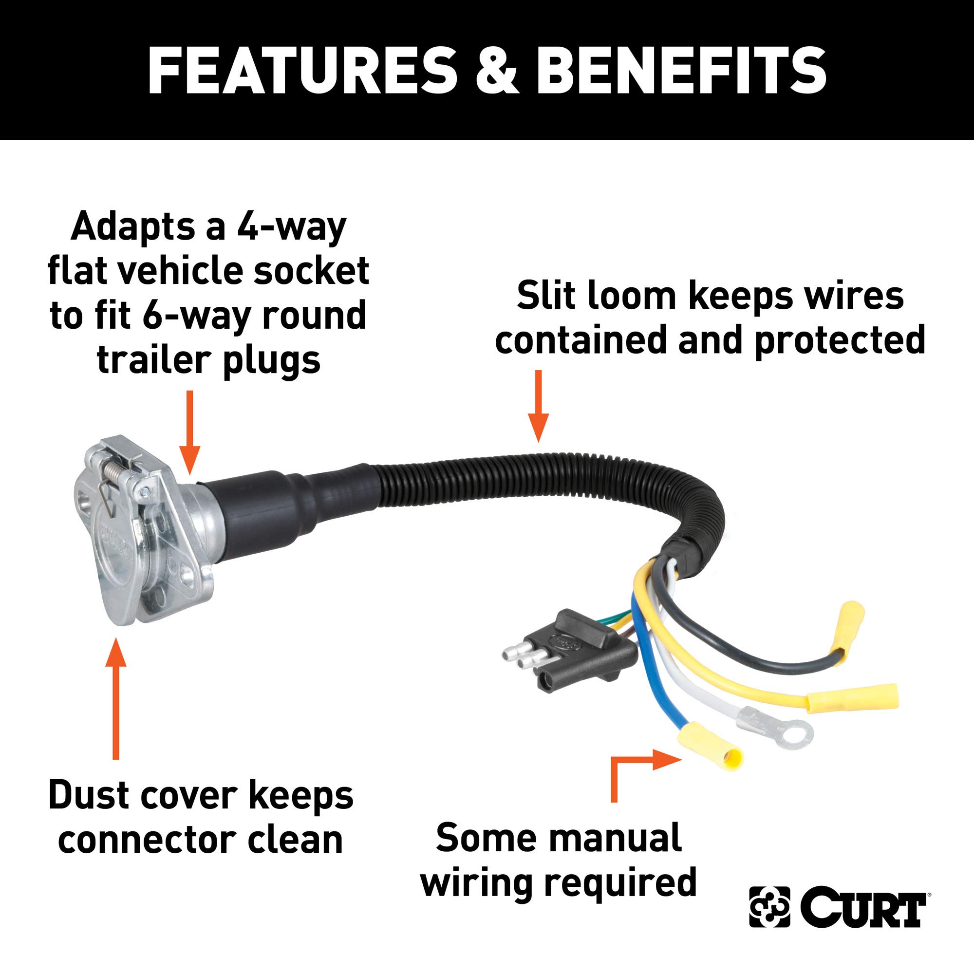 CURT 57183 4-Way Flat Vehicle-Side to 6-Way Round Trailer Wiring Adapter , Black