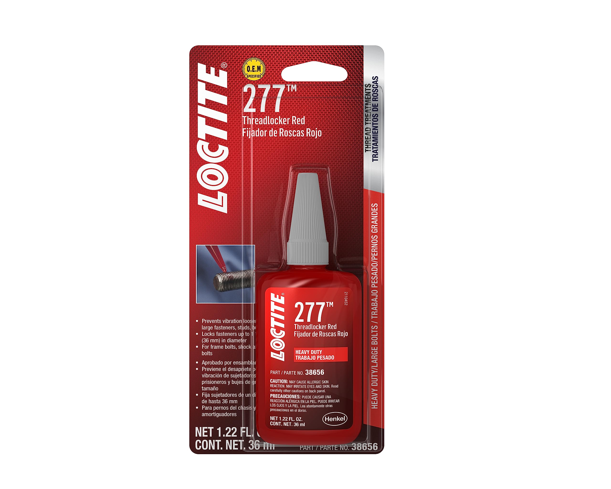 Loctite 277 Threadlocker for Automotive: High-Strength, High-Temp, Fluorescent, Anaerobic | Red, 36mL Bottle (PN: 38656-555353)