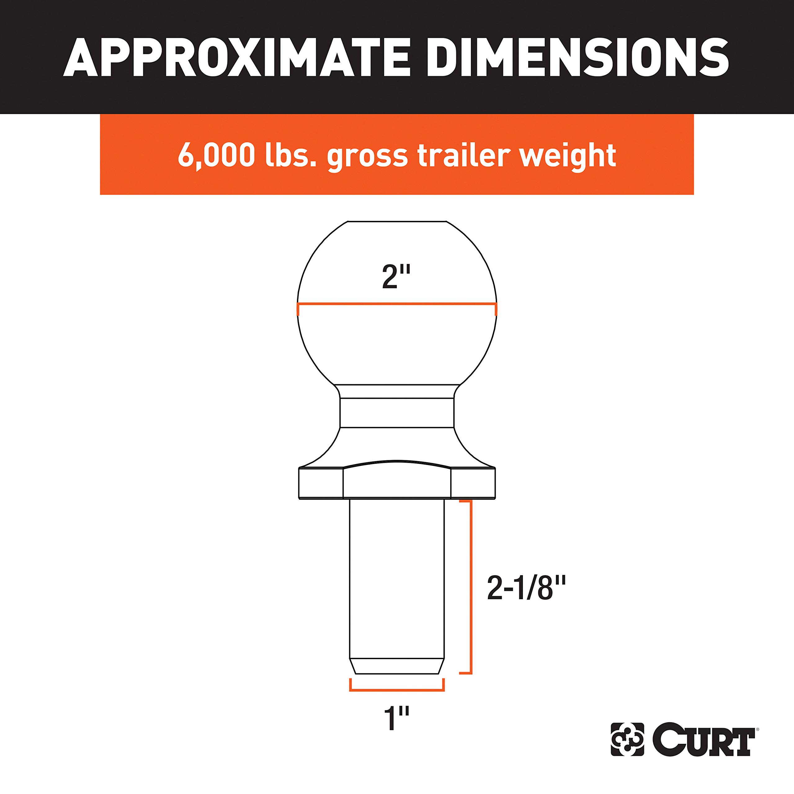 CURT 40083 Stainless Steel Trailer Hitch Ball, 6,000 lbs, 2-Inch Diameter, 1 x 2-1/8-Inch Shank