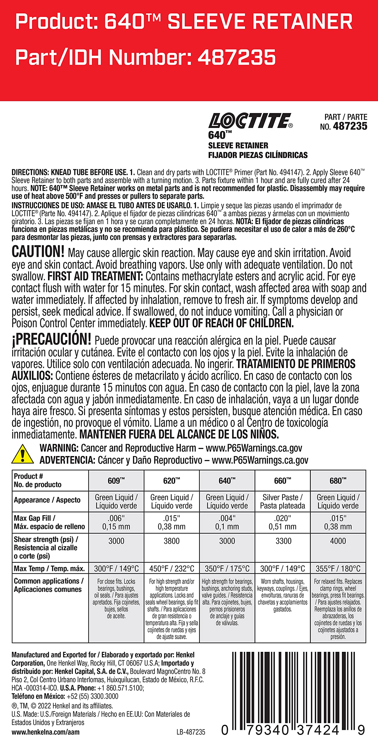 Loctite 37424 640 High Strength Sleeve Retainer Tube, 6-milliliter