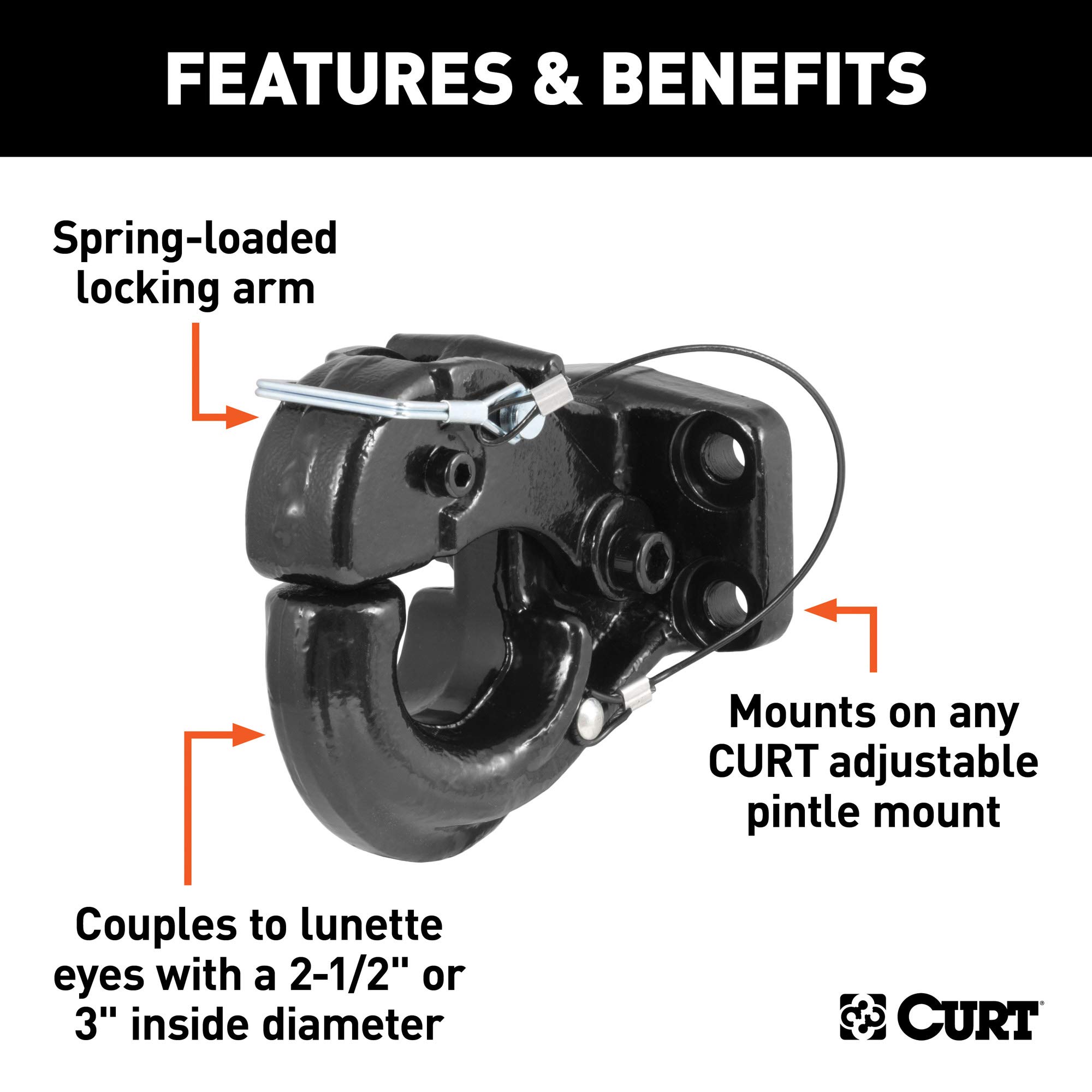 CURT 48210 Pintle Hook Hitch 20,000 lbs, Fits 2-1/2 to 3-Inch Lunette Ring, Mount Required, Carbide Black Powder Coat