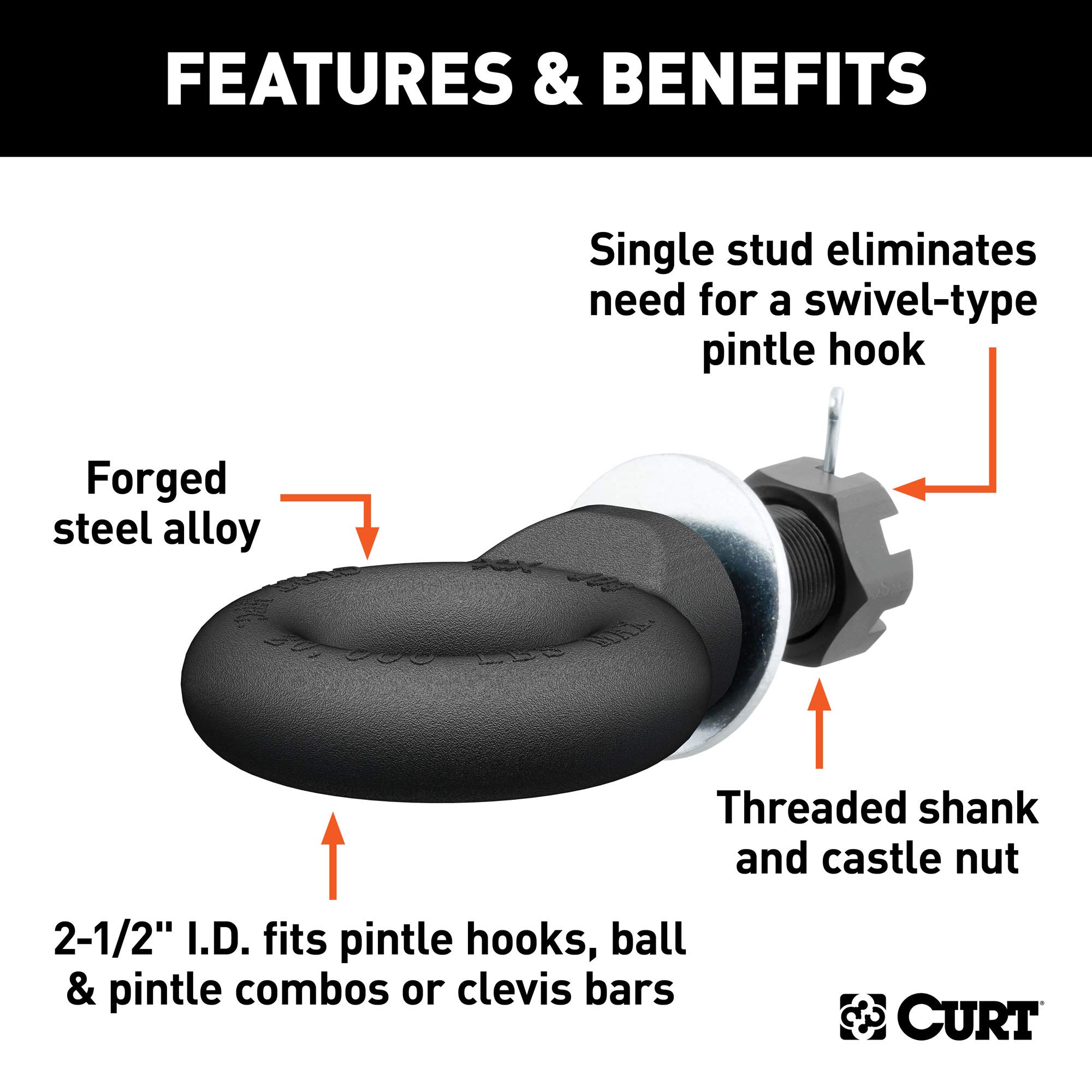 CURT 48520 Black Steel Pintle Hitch Lunette Ring with Swivel Castle Nut, 2-1/2-Inch ID, 20,000 lbs