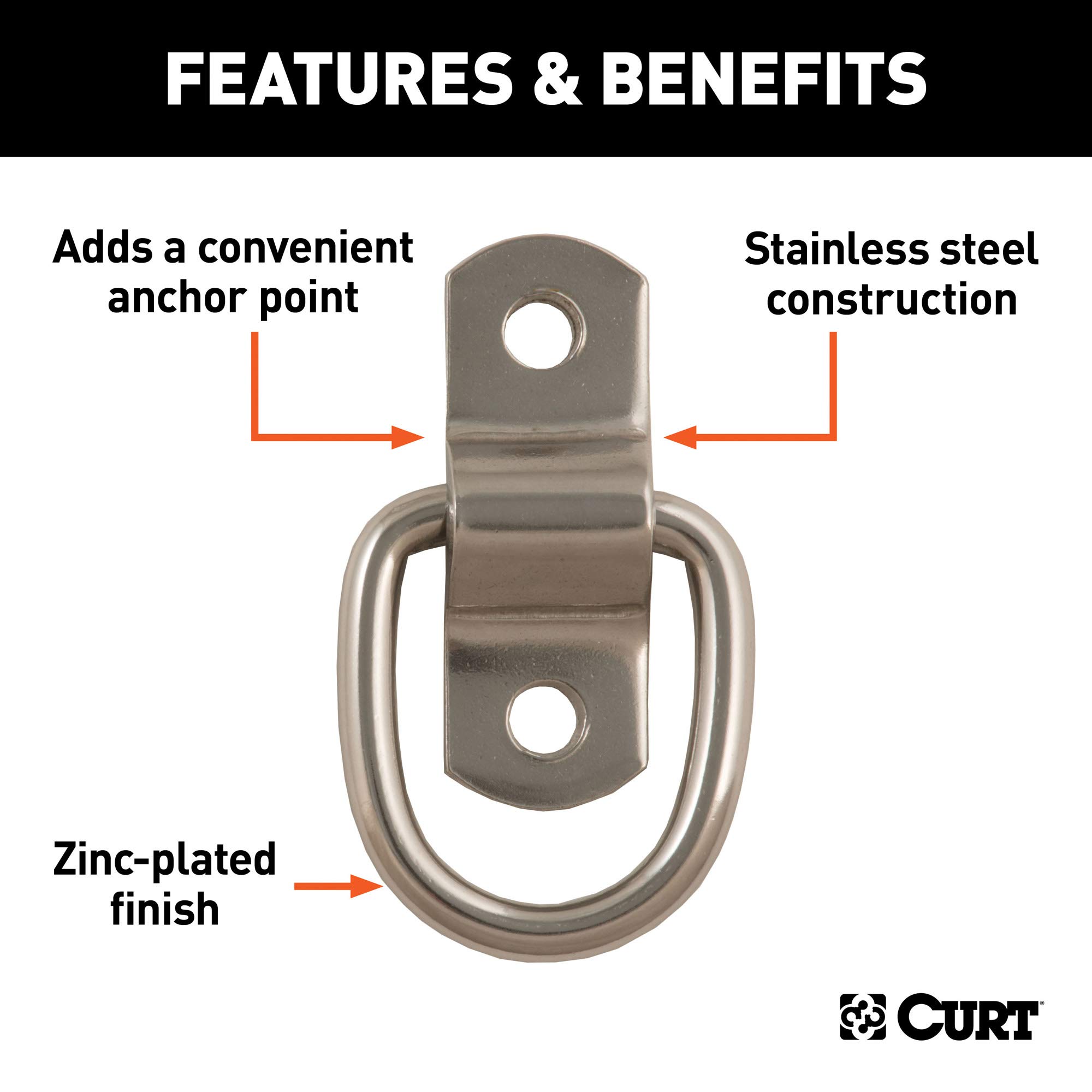 CURT 83732 1 x 1-1/4-Inch Surface-Mounted Stainless Steel Trailer D-Ring Tie Down Anchor, 1,200 lbs Capacity