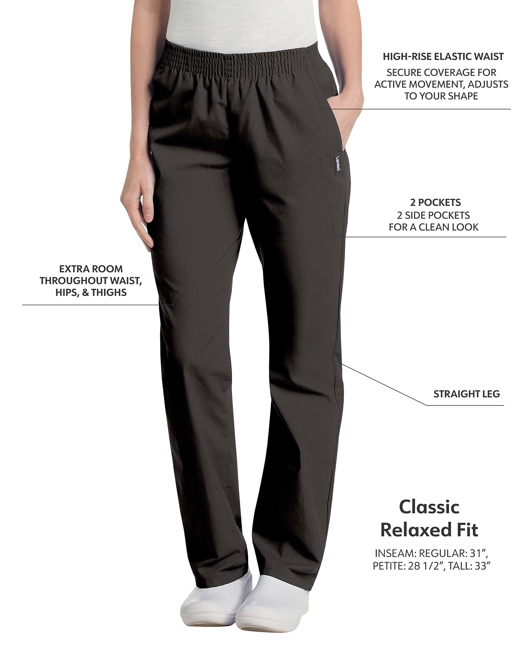 Landau Essentials Relaxed Fit 2-Pocket Elastic Scrub Pants for Women 8327