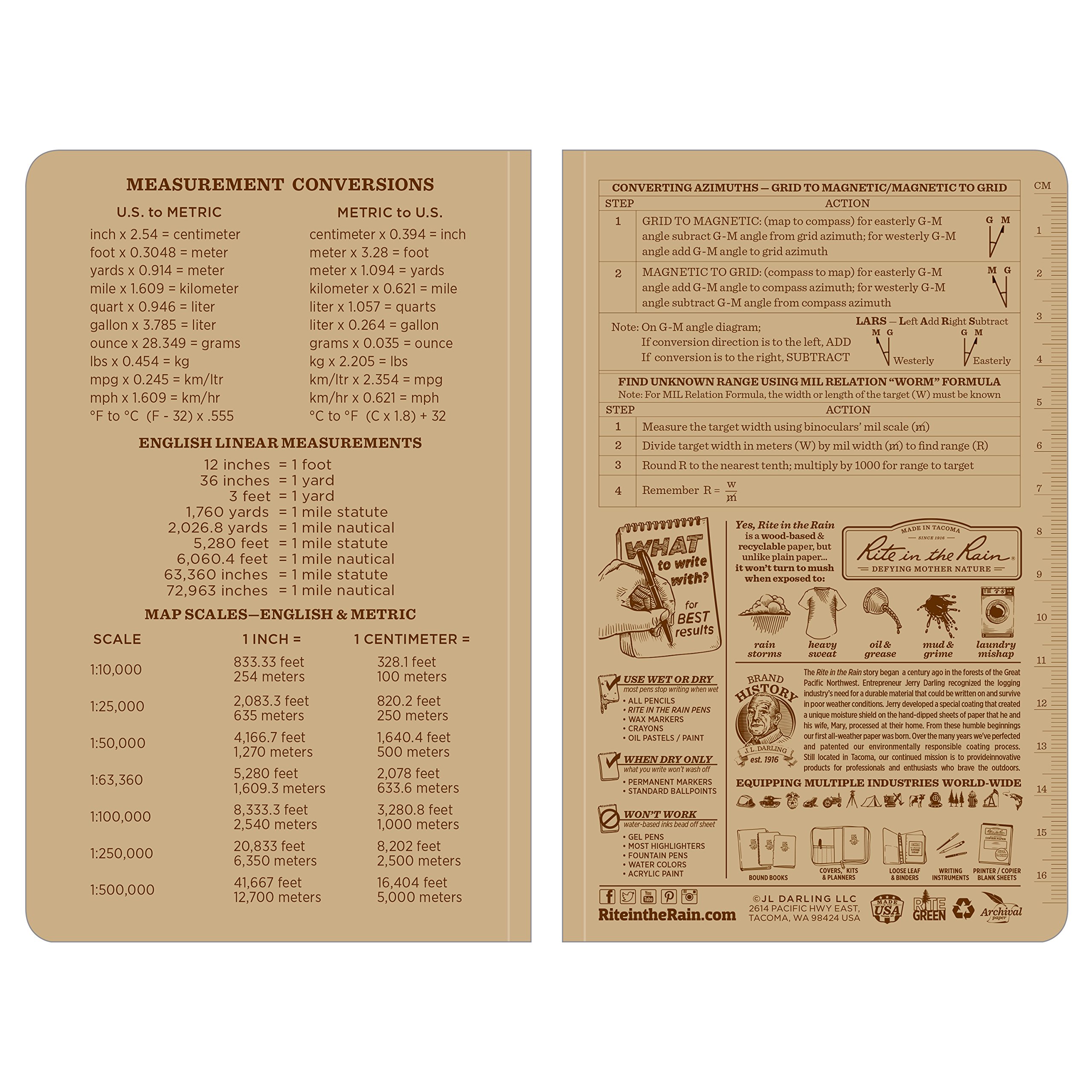 Rite in the Rain All Weather Tan Tactical Field Notebook, 4 5/8" x 7" Soft Cover Weatherproof Notepad, Universal Page Pattern, Reference Pages (No. 980T)