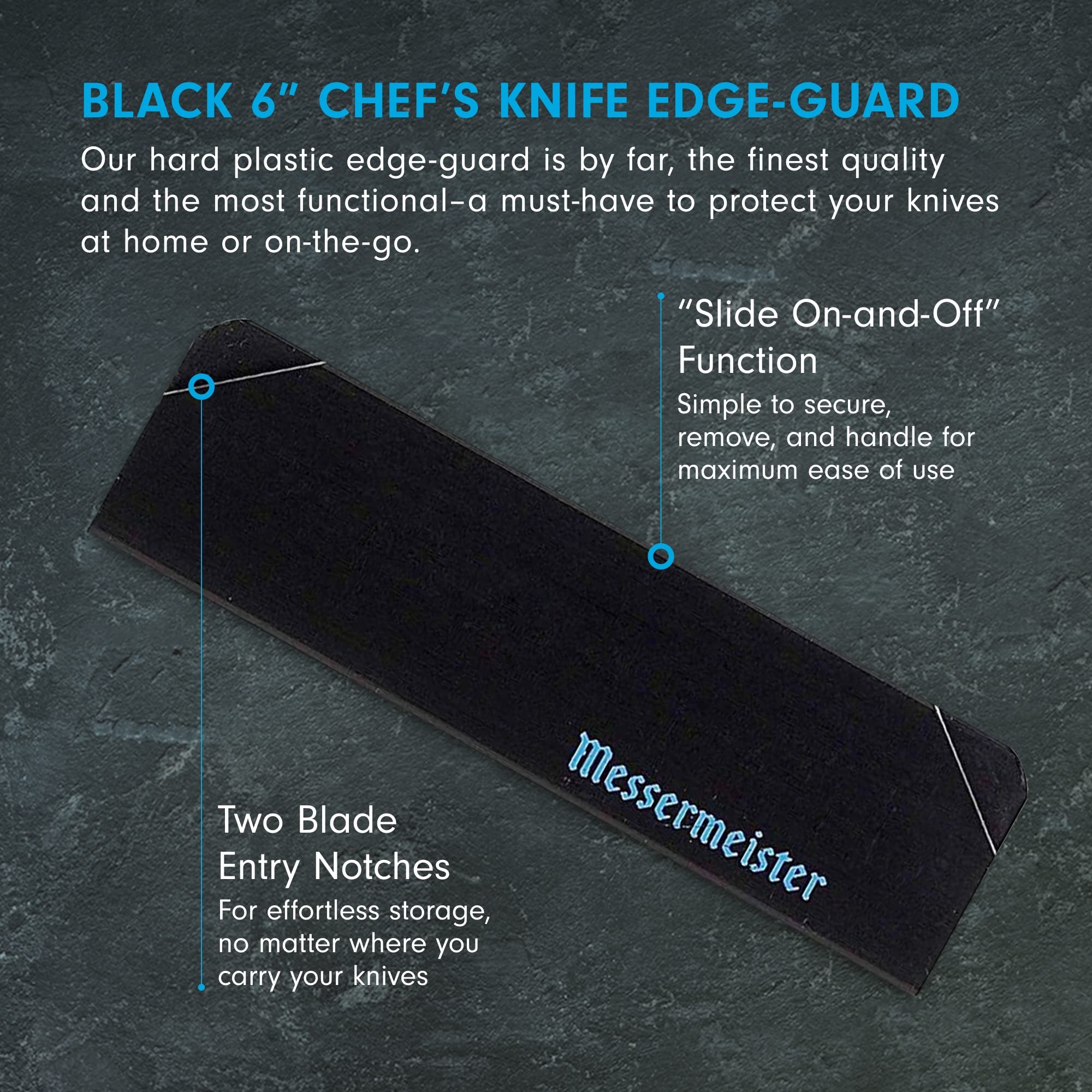 Messermeister 6” Chef’s Edge-Guard, Black - Fashionable & Functional Safety Accessory for Chef’s & Wide-Blade Knives - 2 Blade Entry Notches - 6.5” x 1.9375”