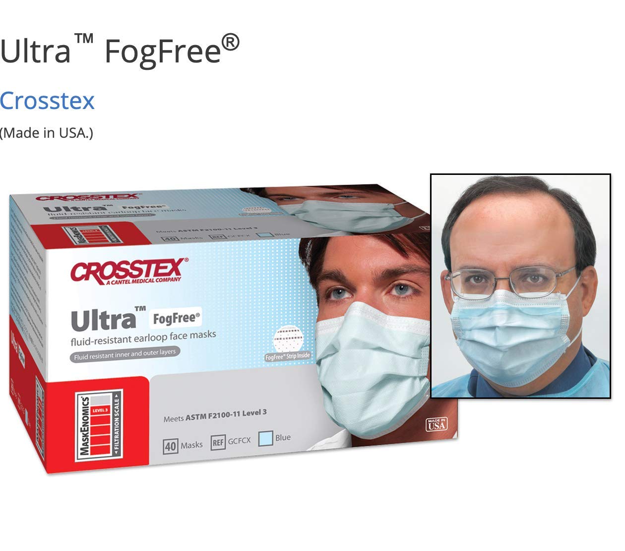 Crosstex Ultra No Fog Earloop Facemasks 40/Box