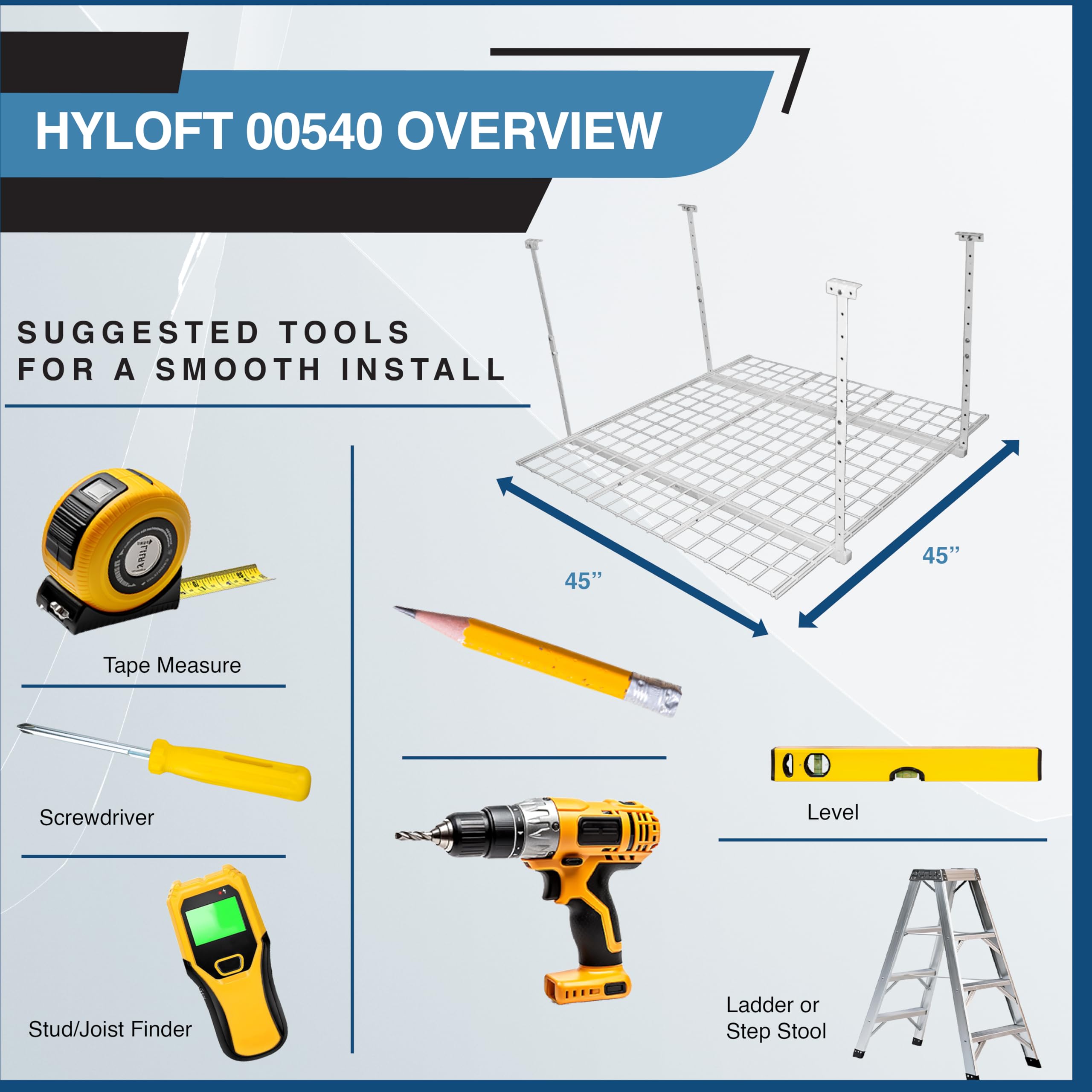 HyLoft 00540 45-Inch by 45-Inch Overhead Storage System, Ceiling Mount Garage Organization Rack, White