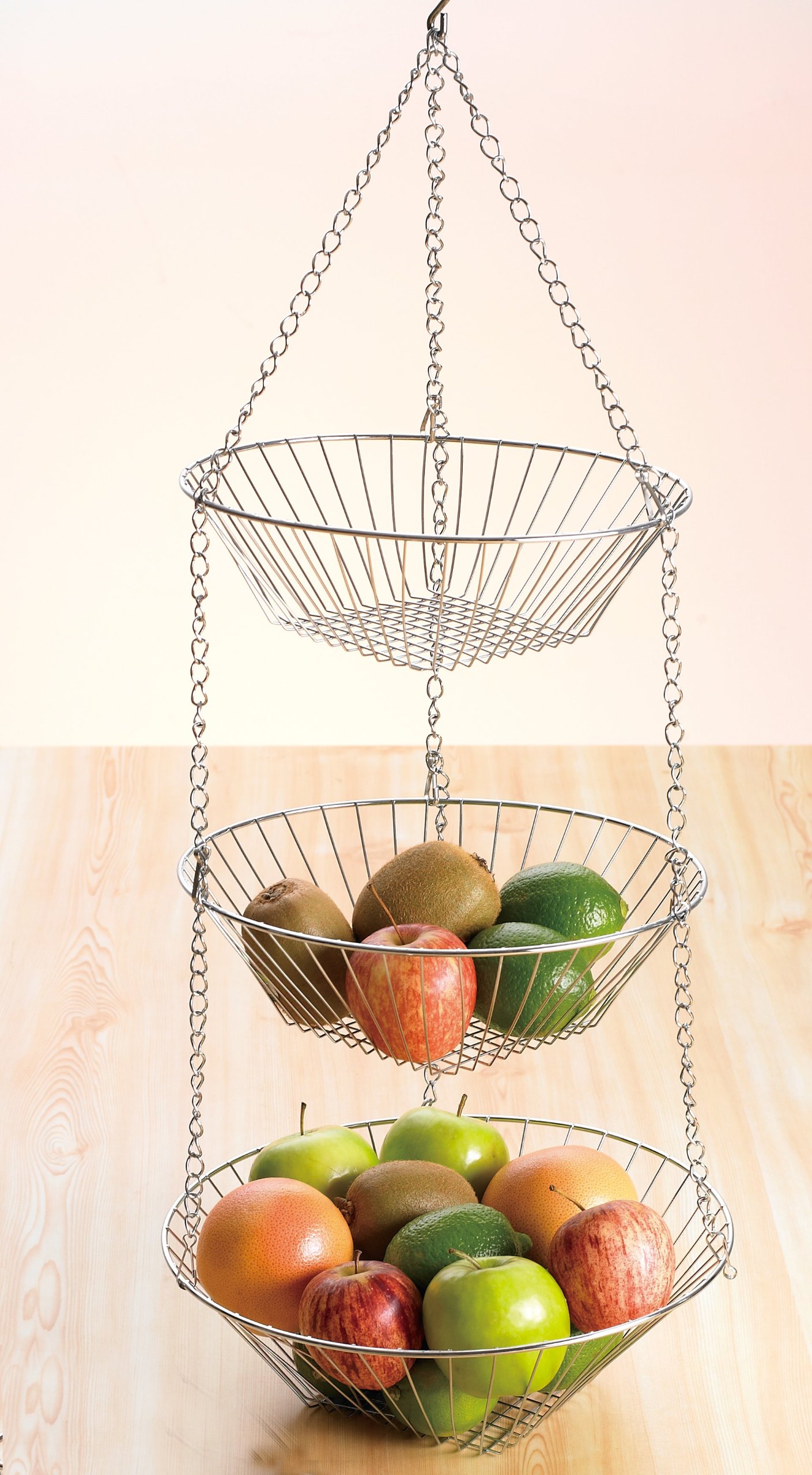 Creative Home Chrome Plated Iron Wire 3-Tier Hanging Basket Kitchen Accessory Storage Organizer, 11.8" Diam. x 31.5" H Hanging Size