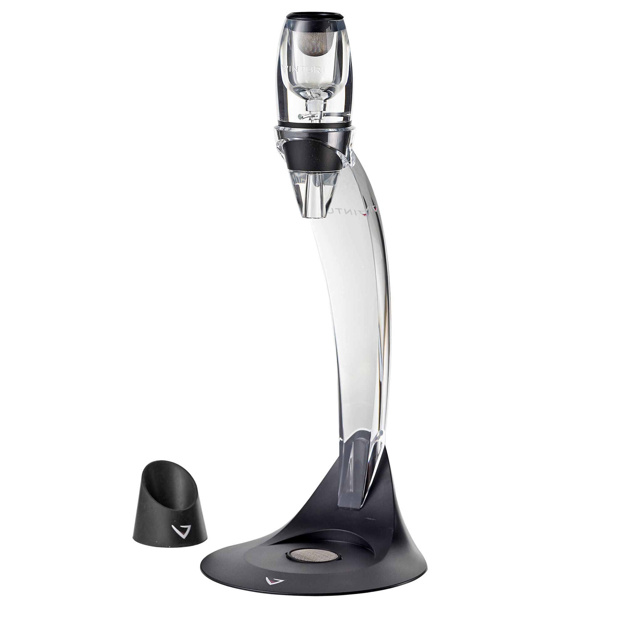 Vinturi Deluxe Essential Red Wine Pourer and Decanter Tower Stand Set Easily and Conveniently Aerates by The Bottle or Glass and Enhances Flavors with Smoother Finish, Black