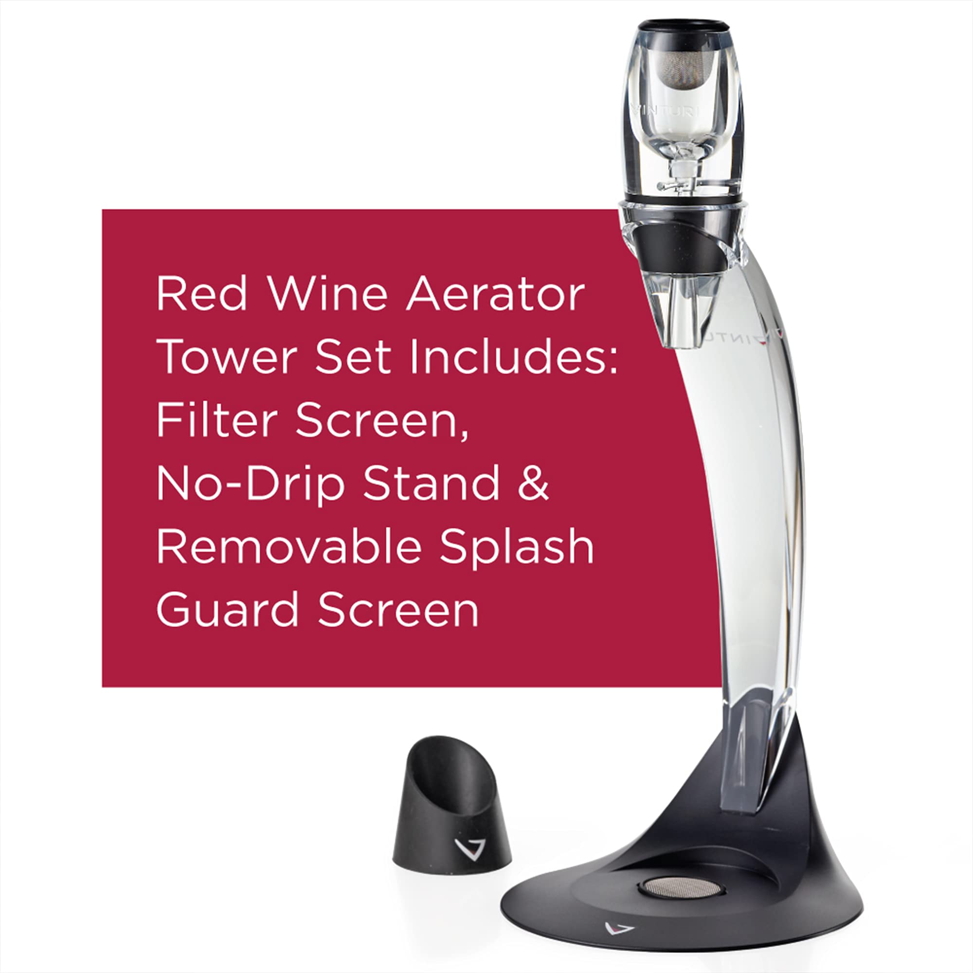 Vinturi Deluxe Essential Red Wine Pourer and Decanter Tower Stand Set Easily and Conveniently Aerates by The Bottle or Glass and Enhances Flavors with Smoother Finish, Black