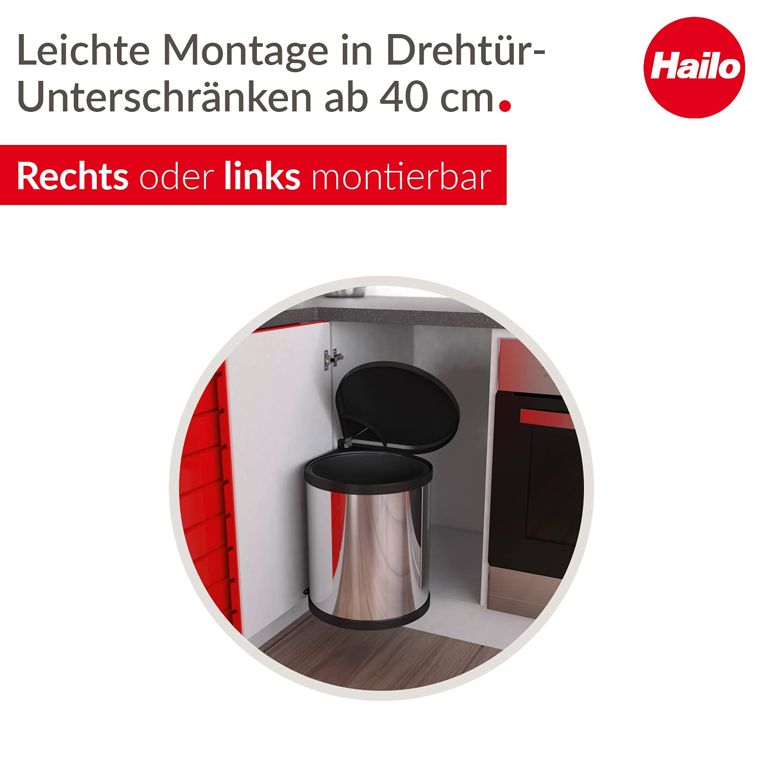 Hailo Compact-Box M Built-in Pull-Out Waste bin | 1 x 15 liters / 4.0 gallons | Lid Lift System | for hinged Door Base cabinets from 15.7 in | Stainless Steel | Made in Germany