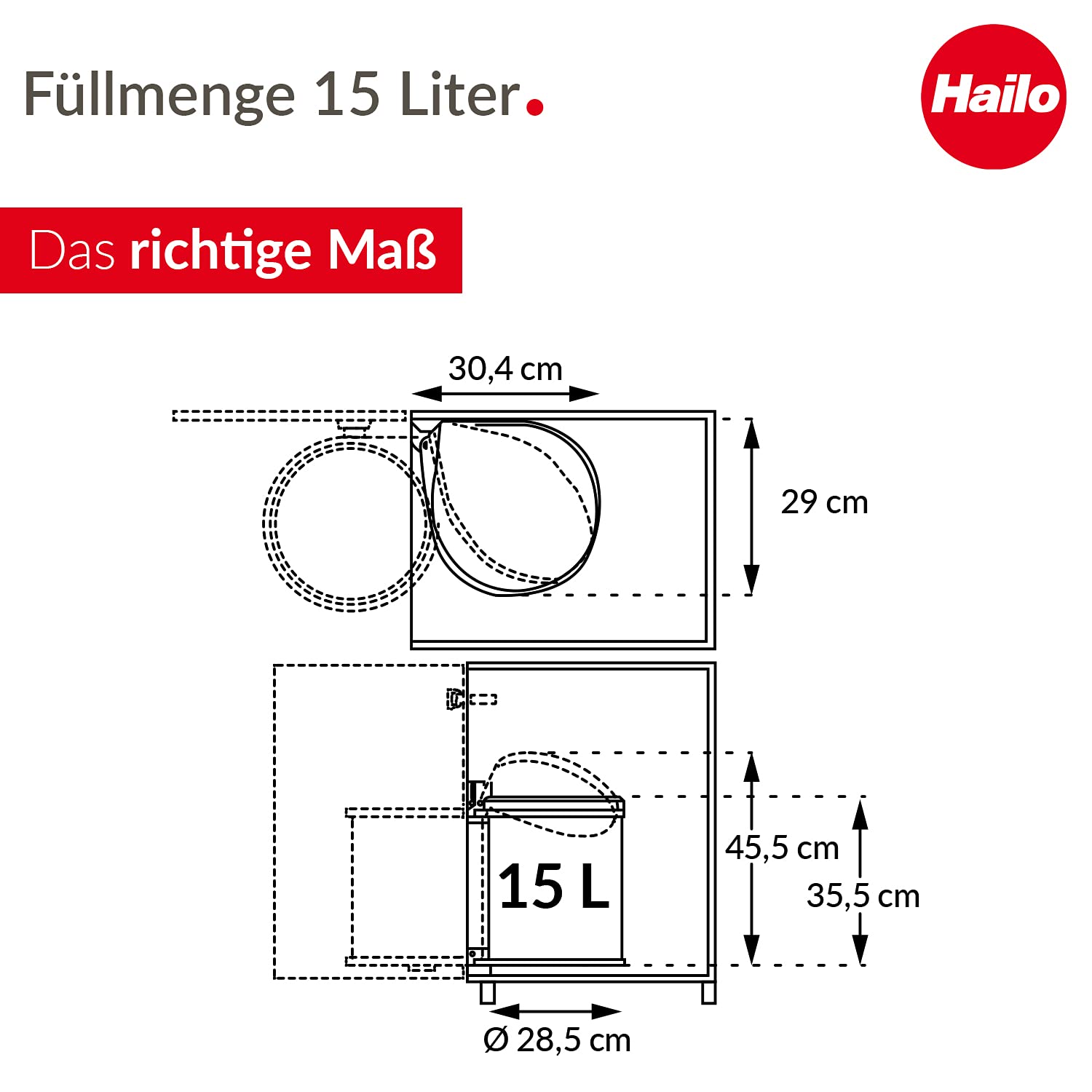 Hailo Compact-Box M Built-in Pull-Out Waste bin | 1 x 15 liters / 4.0 gallons | Lid Lift System | for hinged Door Base cabinets from 15.7 in | Stainless Steel | Made in Germany