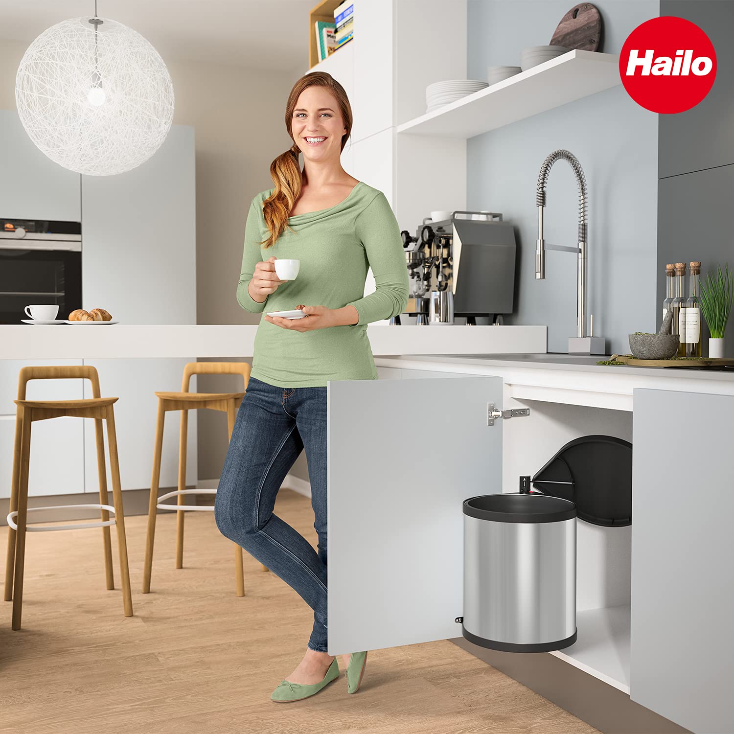 Hailo Compact-Box M Built-in Pull-Out Waste bin | 1 x 15 liters / 4.0 gallons | Lid Lift System | for hinged Door Base cabinets from 15.7 in | Stainless Steel | Made in Germany