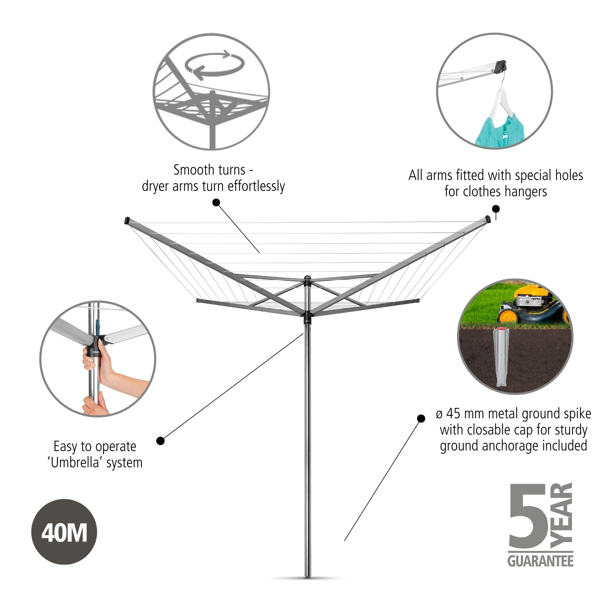Brabantia Topspinner Rotary Dryer Clothesline with Ground Spike, 131 Feet, Silver