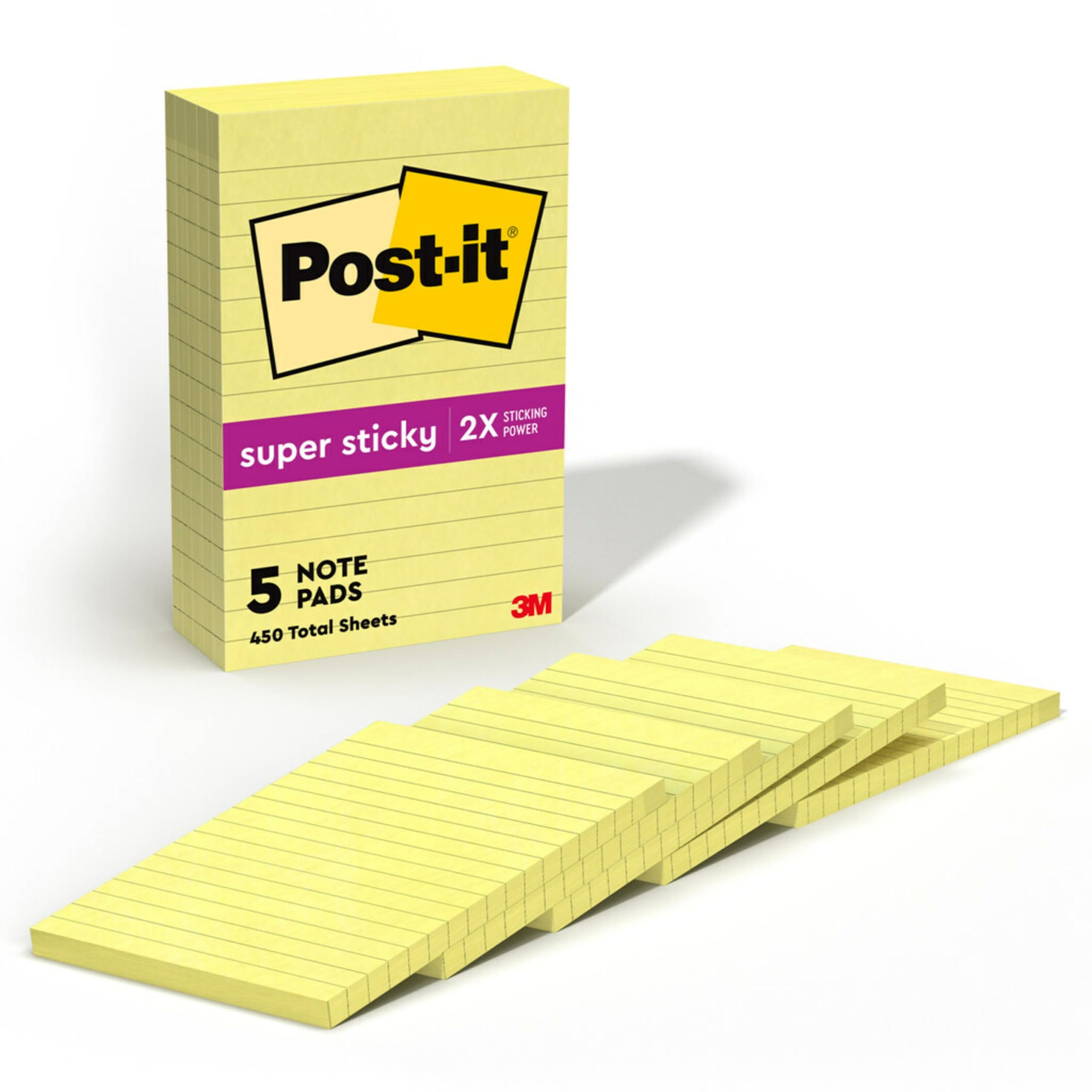 Post-it Super Sticky Notes, 4x6 in, 5 Pads, 2x the Sticking Power, Canary Yellow, Recyclable (660-5SSCY)