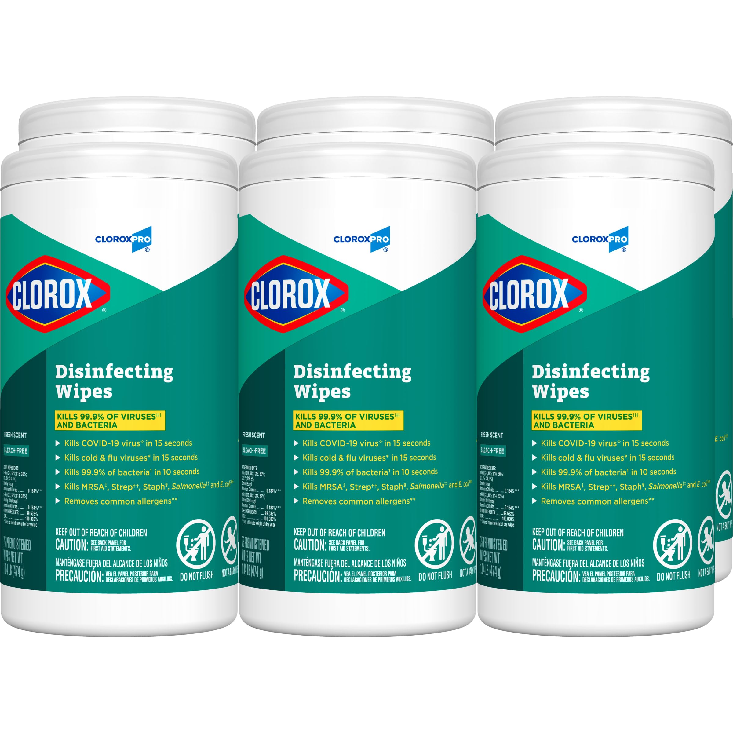 CloroxPro Disinfecting Wipes, Clorox Disinfectant Wipes, Industrial Cleaning, Fresh Scent, 75 Wet Wipes (6 Pack) - 15949