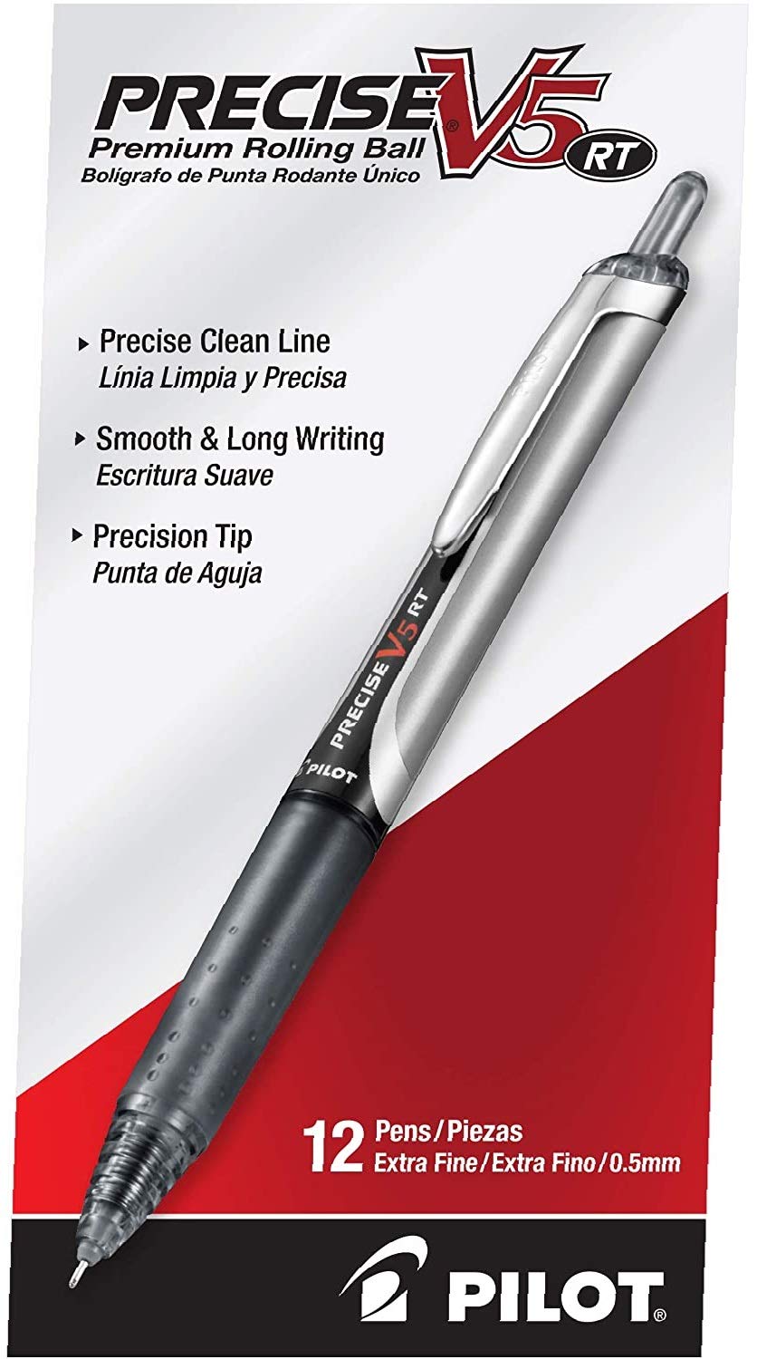 PILOT Pen 26062 Precise V5 RT Refillable & Retractable Liquid Ink Rolling Ball Pens, Extra Fine Point (0.5mm) Black Ink, 12-Pack