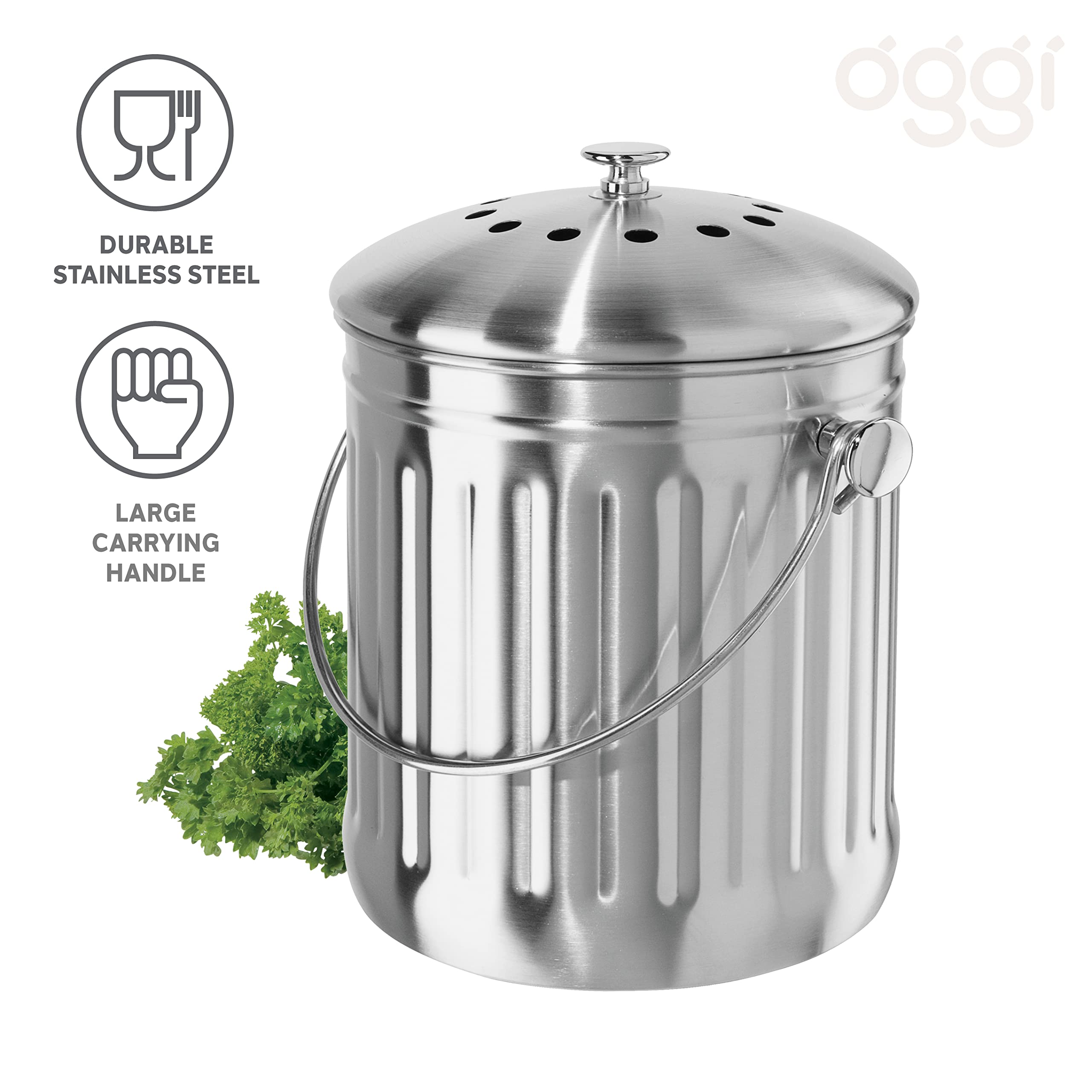 Oggi Countertop Compost Bin with Lid-1 Gallon Indoor Compost Bin Charcoal Filter, Stainless Steel Compost Container, Ideal Kitchen Compost Pail, Eco Friendly Products, (7320)