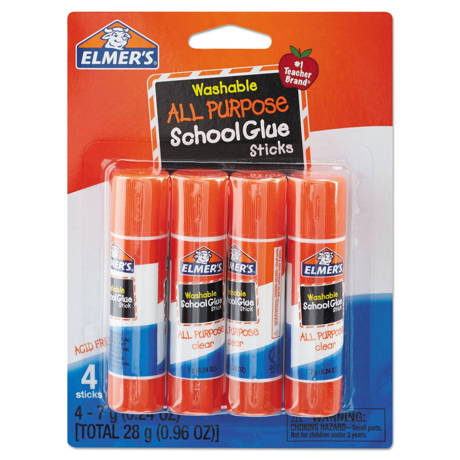 Elmer's All Purpose School Glue Sticks, Clear, Washable, 4 Pack, 0.24-ounce sticks
