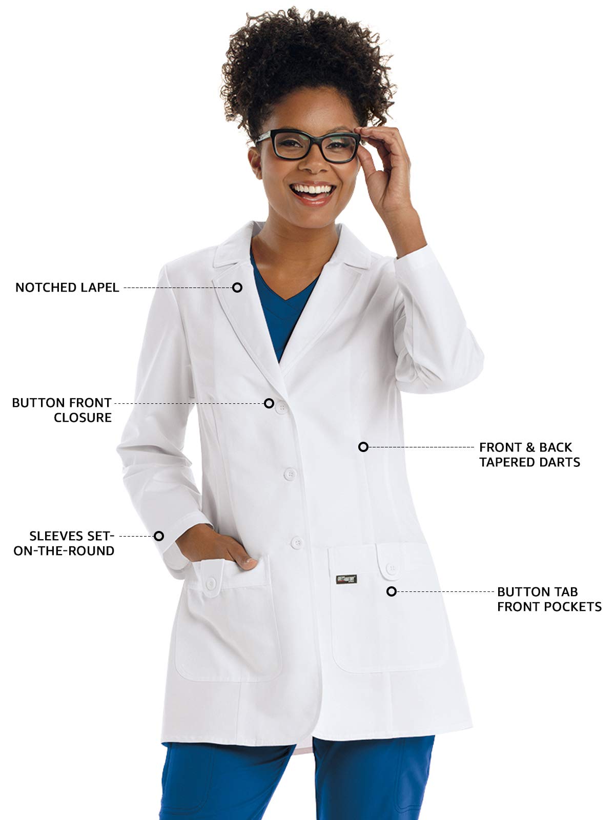 Grey's Anatomy 7446 Missy 2 Pkt White Lab Coat w/ Back Tab Small