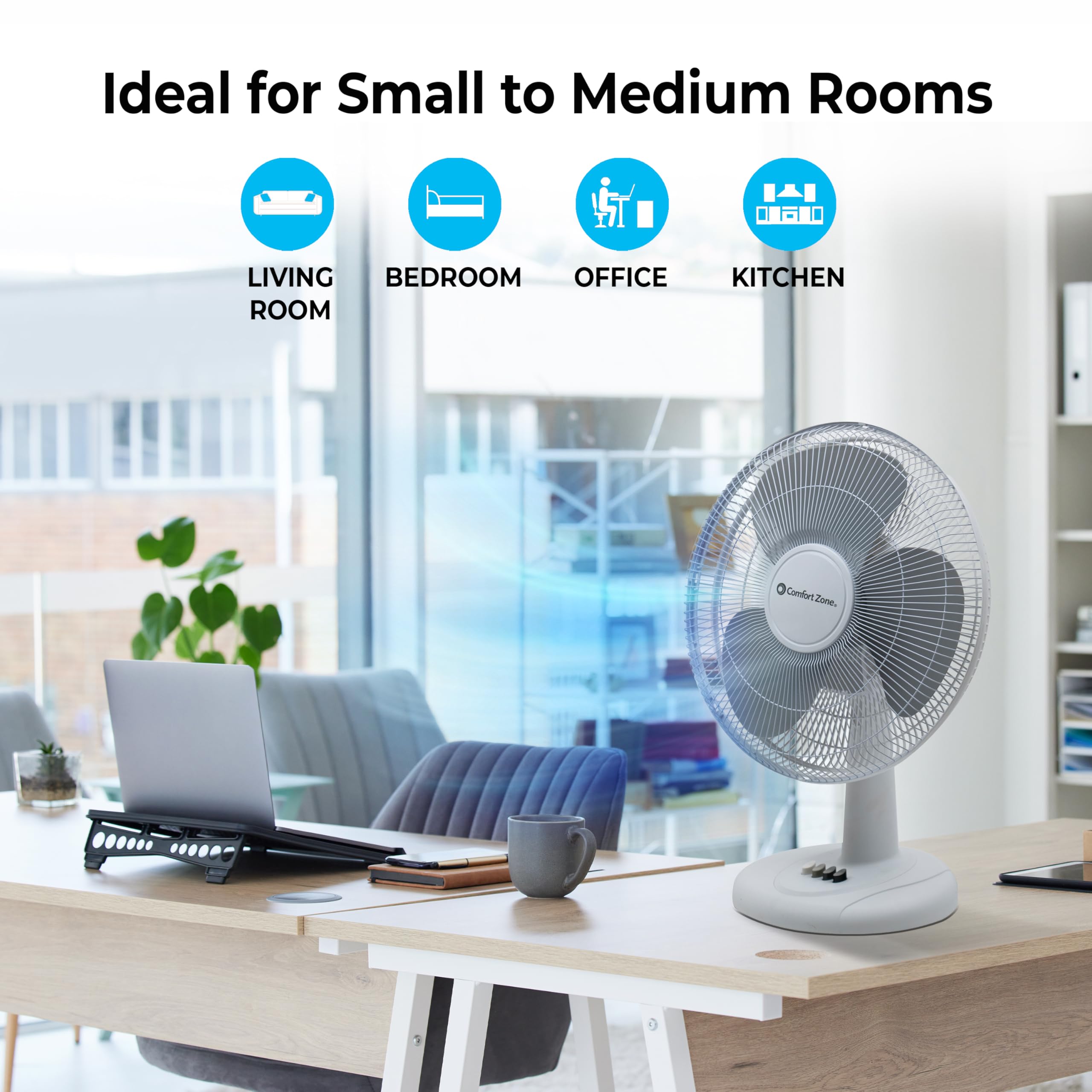 Comfort Zone CZ161WT Quiet 3-Speed 16-inch Oscillating Table Fan with Adjustable Tilt , White