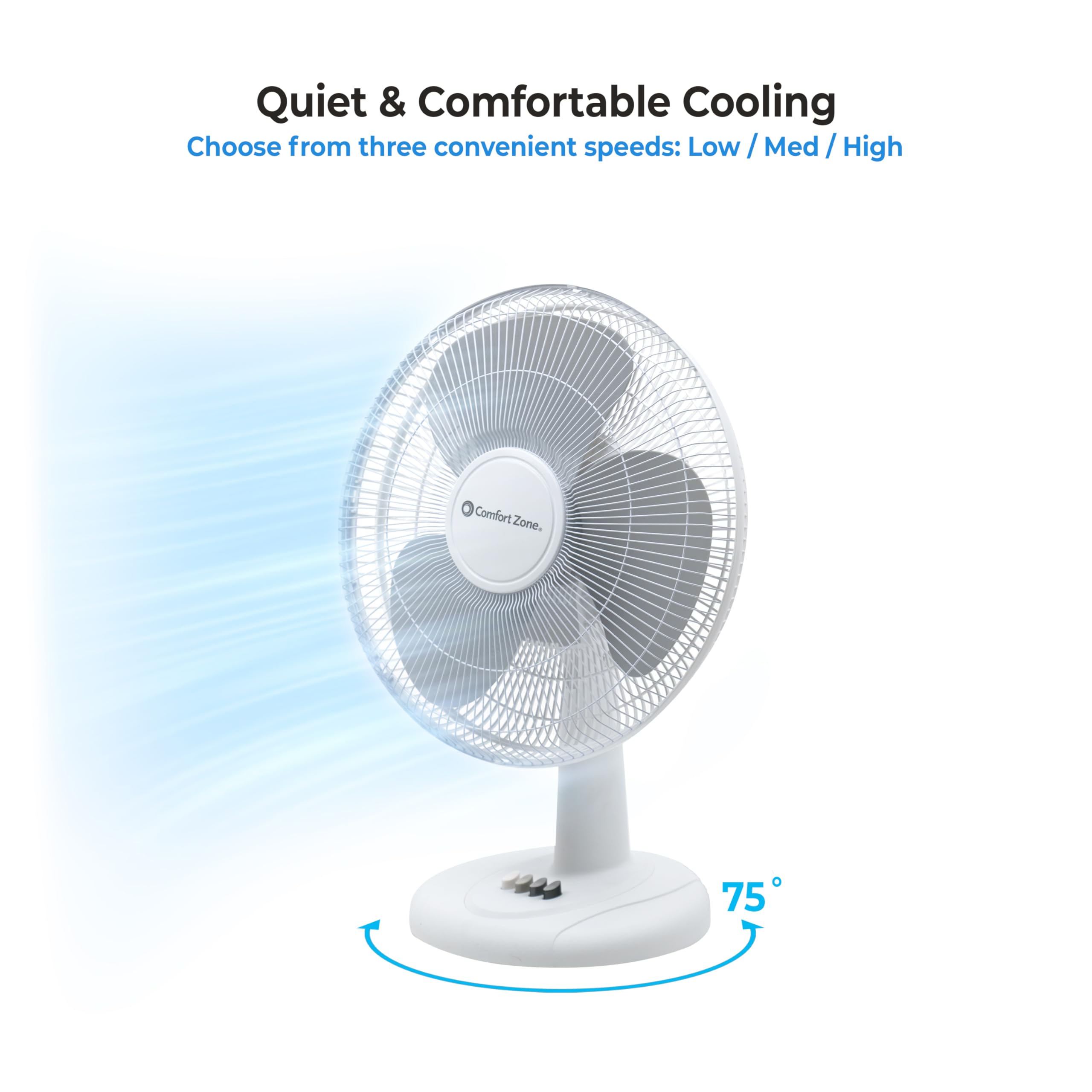 Comfort Zone CZ161WT Quiet 3-Speed 16-inch Oscillating Table Fan with Adjustable Tilt , White