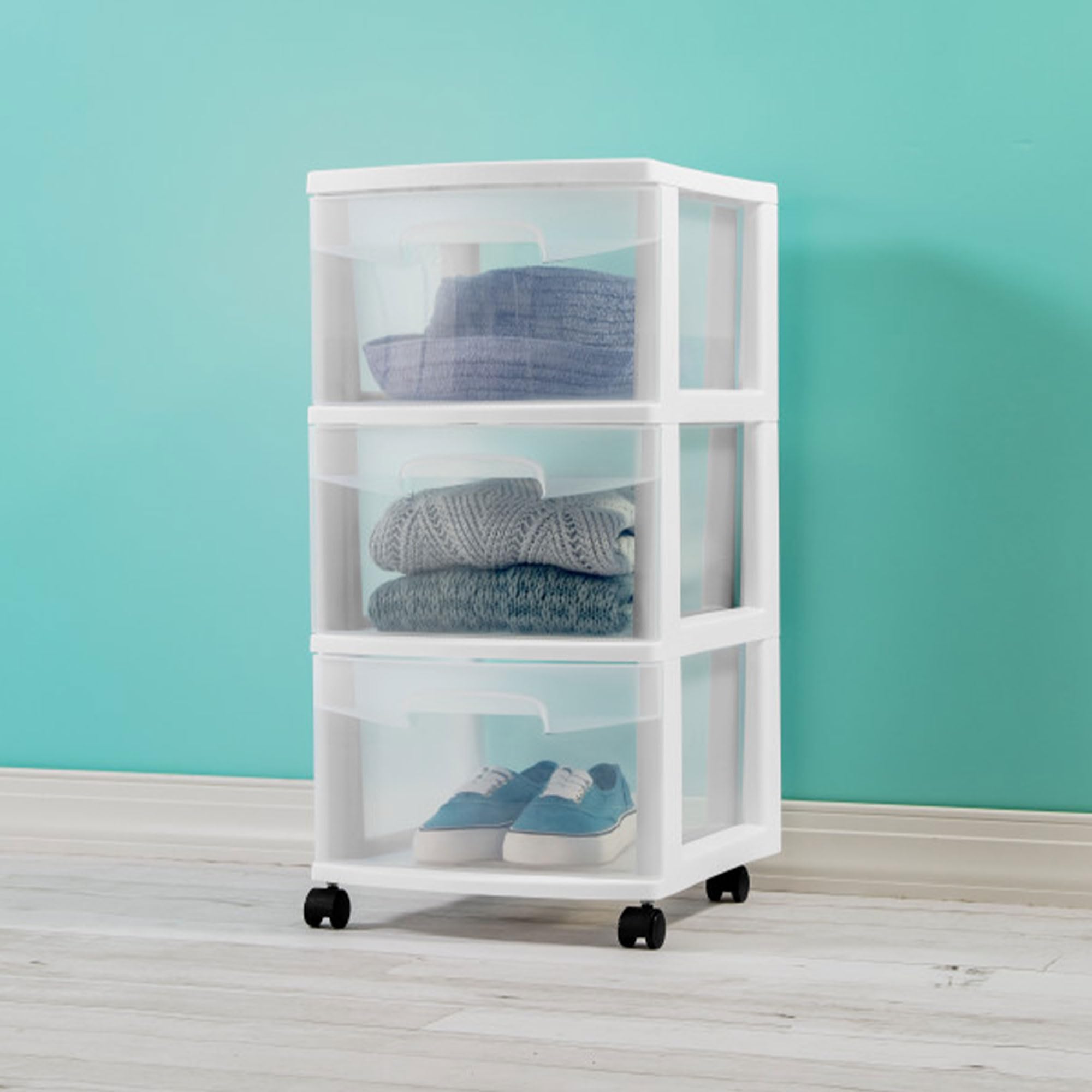 Sterilite 28308002 3 Drawer Cart, White Frame with Clear Drawers and Black Casters, 2-Pack