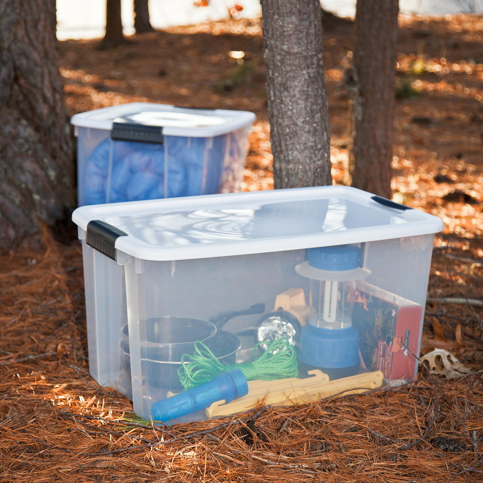 Sterilite 70 Qt Clear Plastic Stackable Storage Bin w/White Latching Lid Organizing Solution, 4 Pack