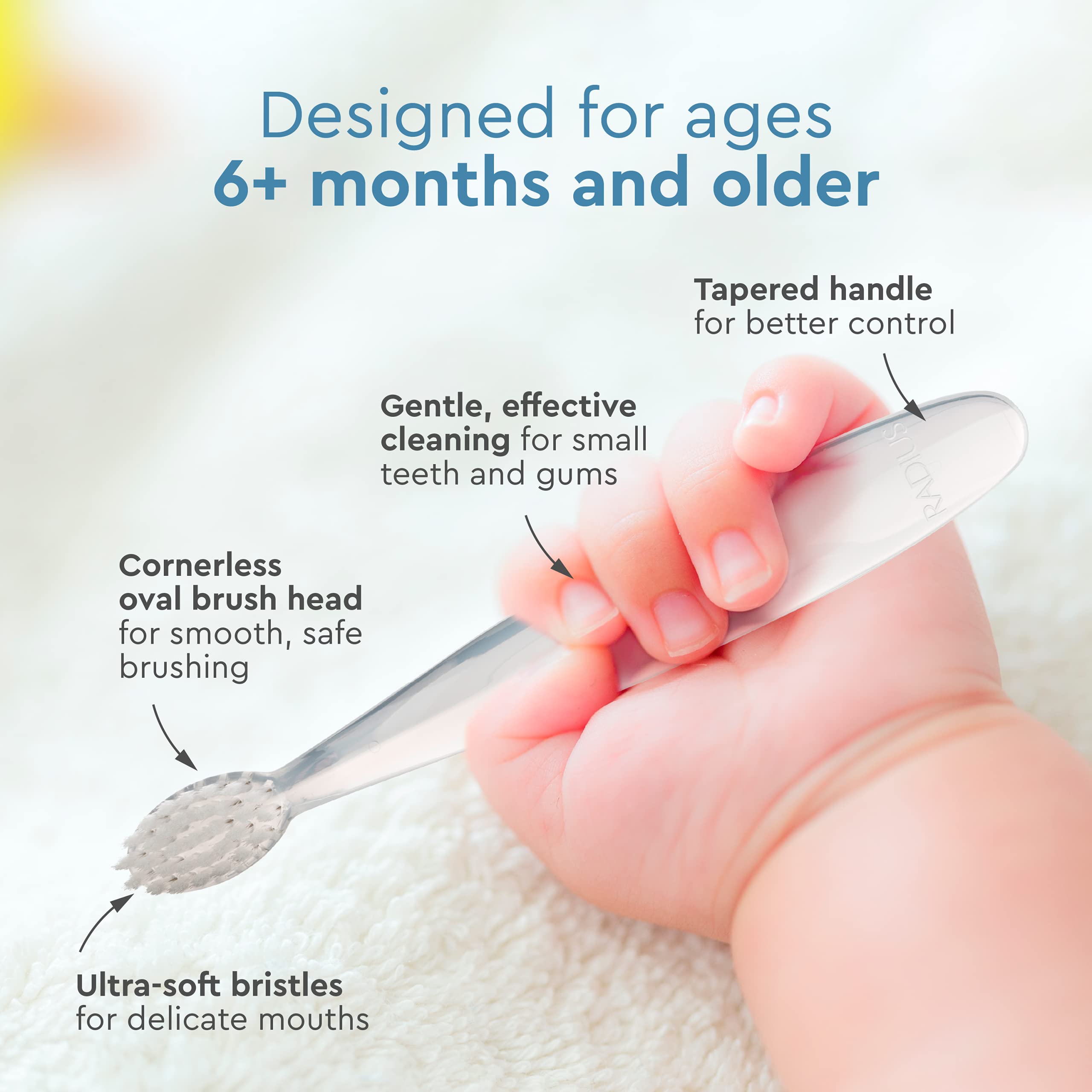 RADIUS Children's Toothbrush Pure Brush Ultra Soft BPA Free ADA Accepted Designed for Delicate Teeth for Kids 6 Months and Up - Clear - Pack of 1