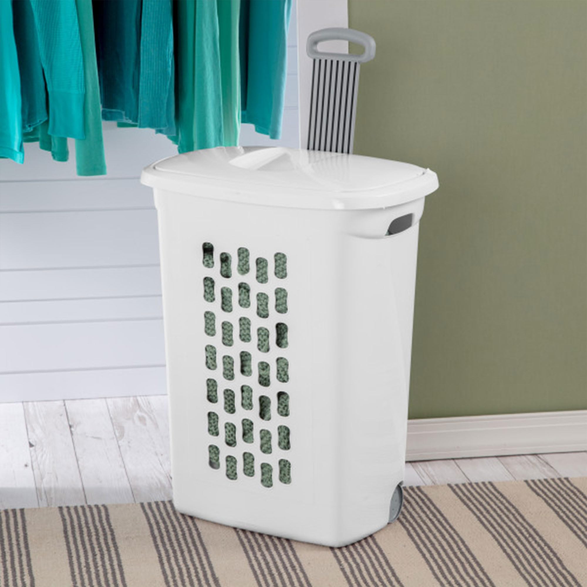 Sterilite 12228003 Ultra Wheeled Hamper, White Lid & Base w/ Plastic Handle & Wheels, 3-Pack