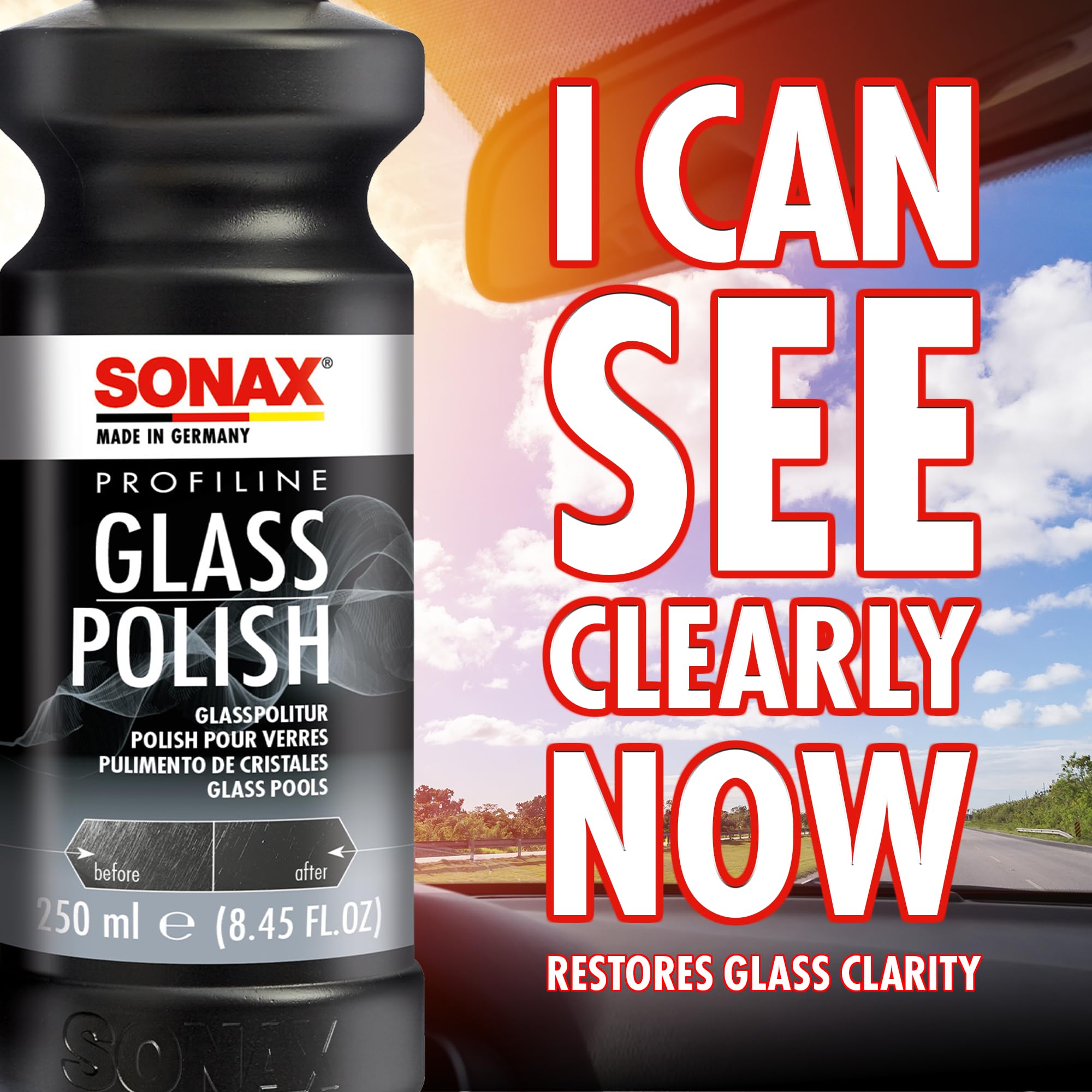 SONAX PROFILINE Glasspolish (250 ml) - Removes Slight Scratches, Blinding and Etching from Car Windows Made from Glass. Silicone Free | Item No. 02731410